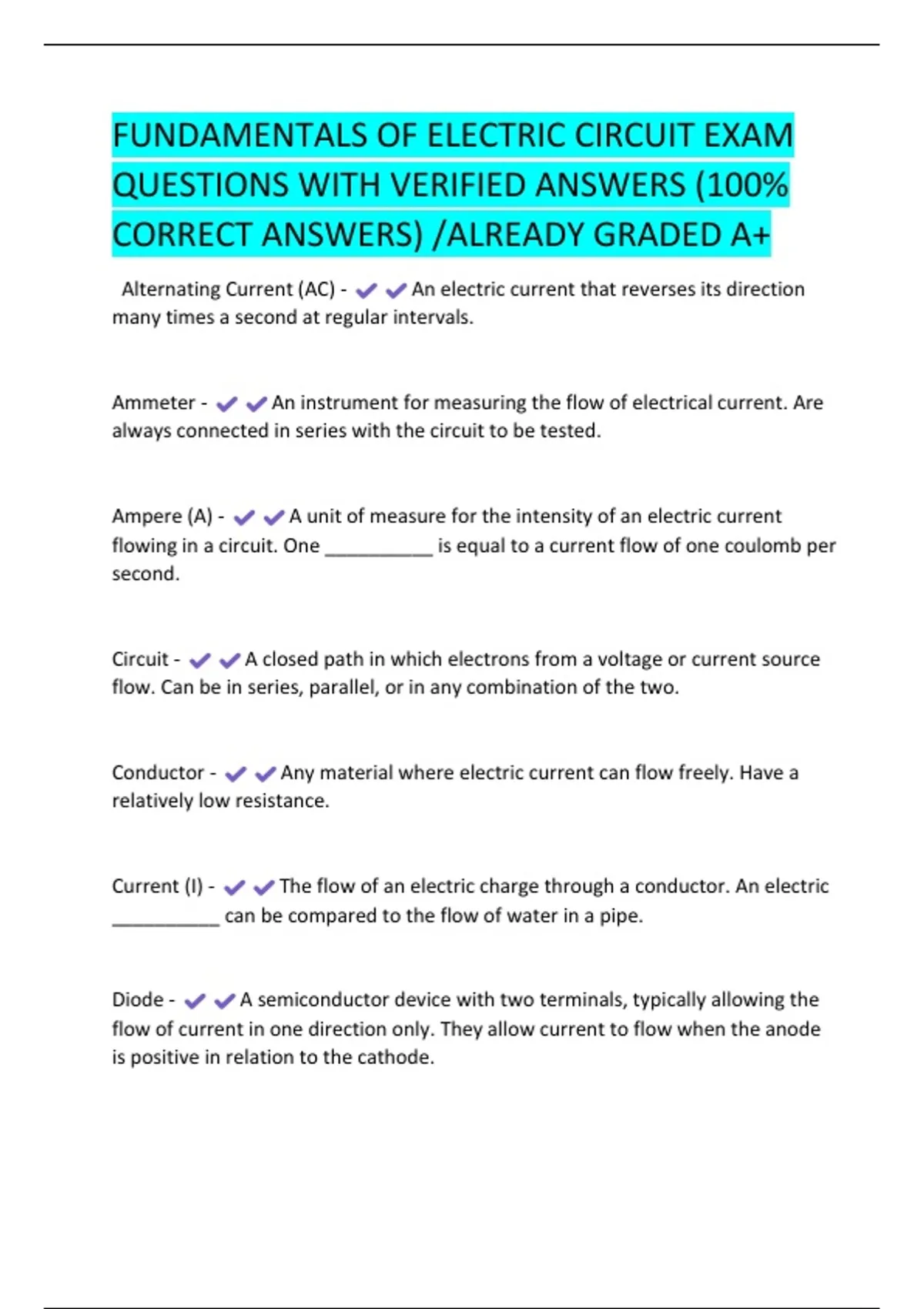 FUNDAMENTALS OF ELECTRIC CIRCUIT EXAM QUESTIONS WITH VERIFIED ANSWERS ...