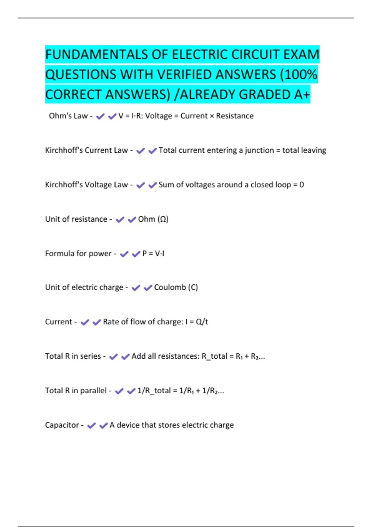 FUNDAMENTALS OF ELECTRIC CIRCUIT EXAM QUESTIONS WITH VERIFIED ANSWERS ...