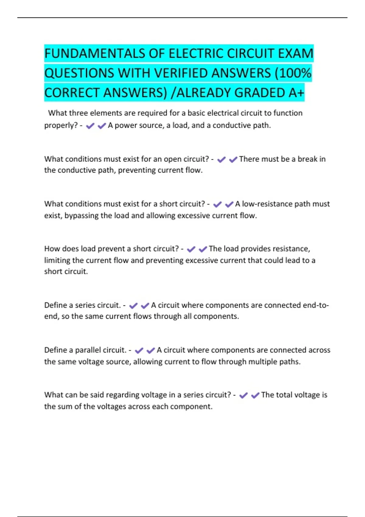 FUNDAMENTALS OF ELECTRIC CIRCUIT EXAM QUESTIONS WITH VERIFIED ANSWERS ...