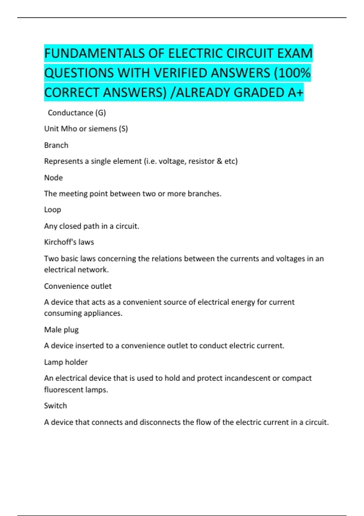 FUNDAMENTALS OF ELECTRIC CIRCUIT EXAM QUESTIONS WITH VERIFIED ANSWERS ...