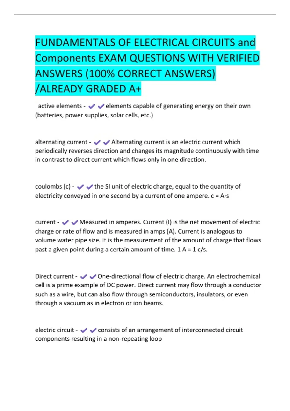 FUNDAMENTALS OF ELECTRICAL CIRCUITS and Components EXAM QUESTIONS WITH ...