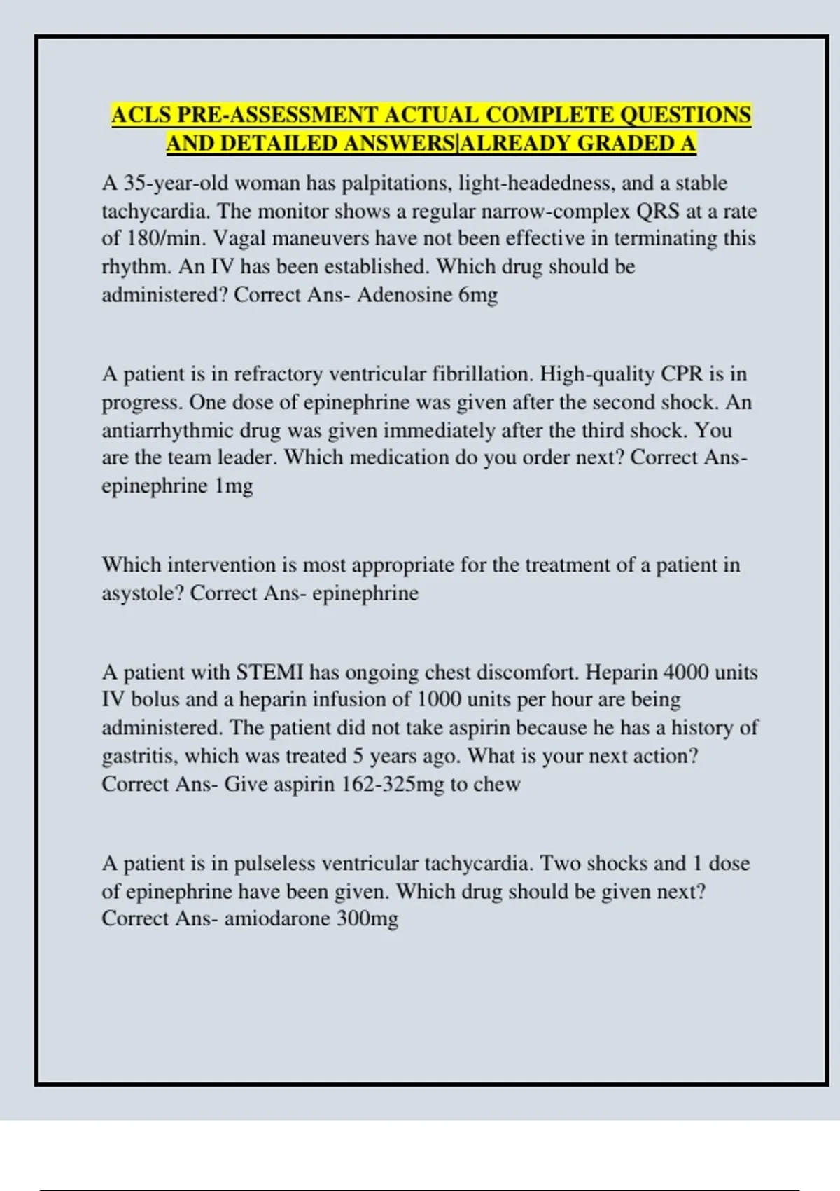 ACLS PRE-ASSESSMENT ACTUAL COMPLETE QUESTIONS AND DETAILED ANSWERS ...