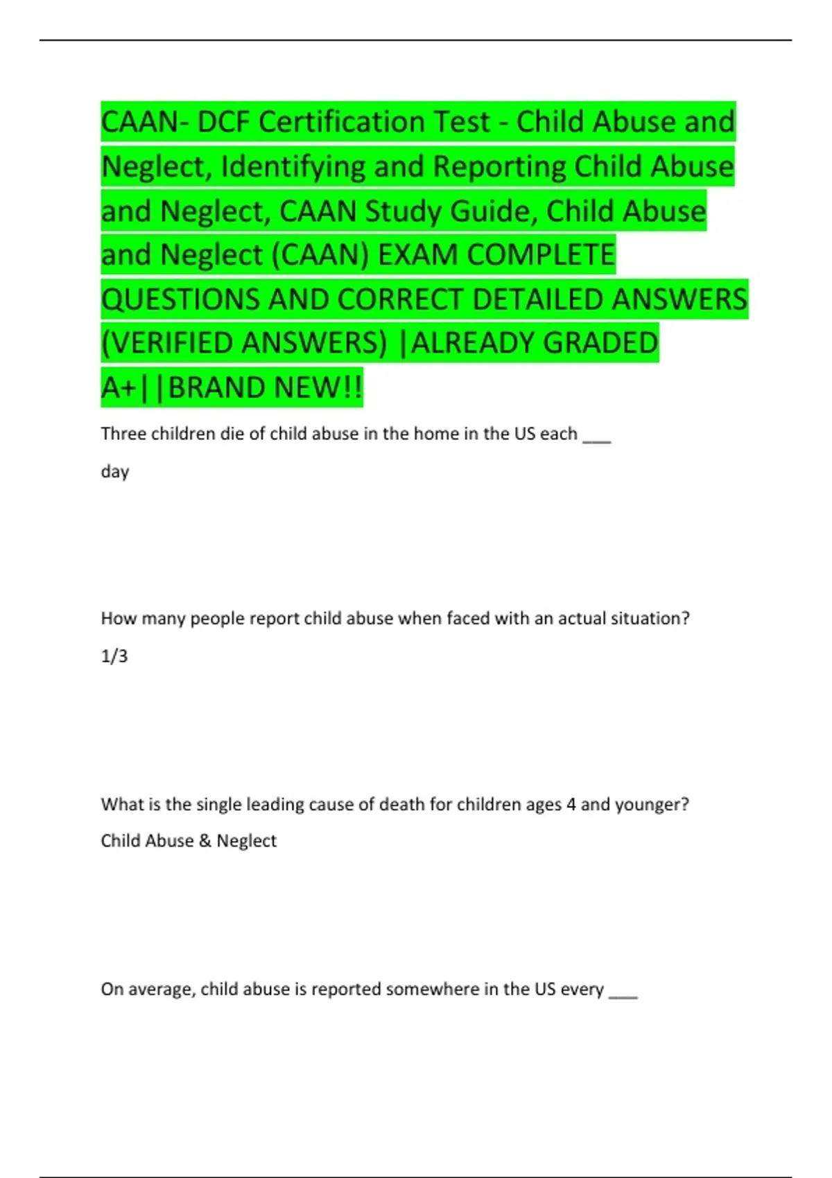 CAAN- DCF Certification Test - Child Abuse and Neglect, Identifying and ...