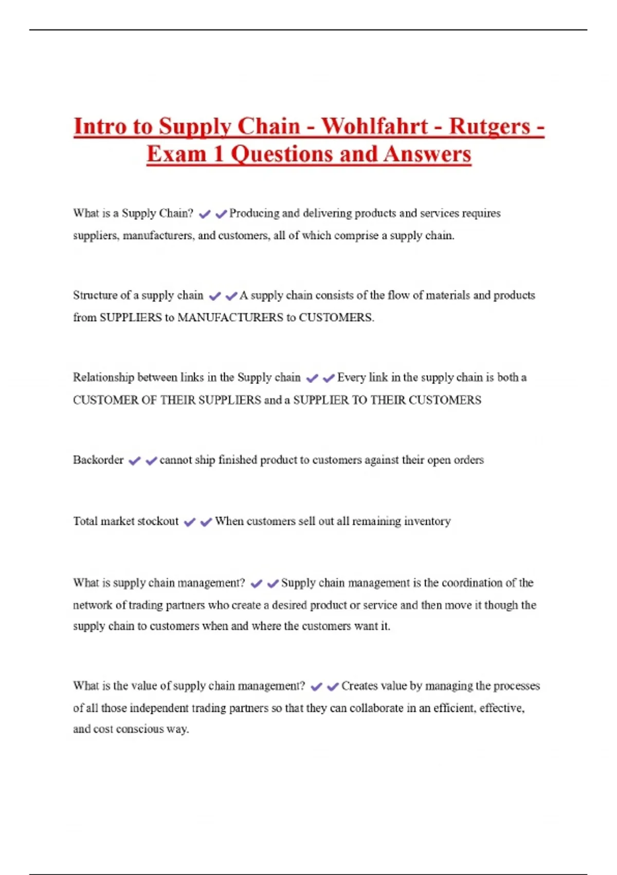 Intro to Supply Chain - Wohlfahrt - Rutgers - Exam 1 Questions and ...