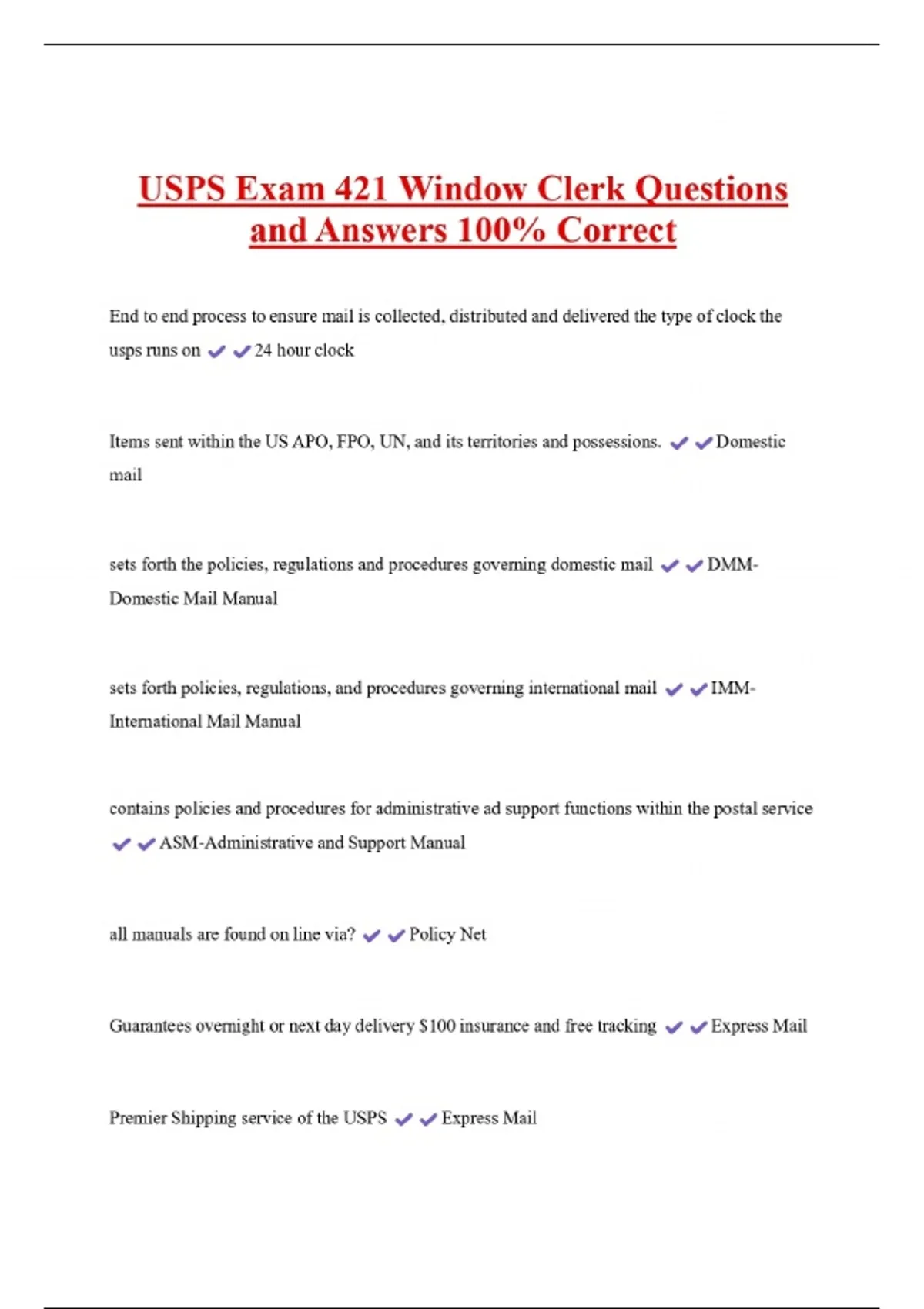 USPS Exam 421 Window Clerk Questions and Answers 100% Correct - USPS ...