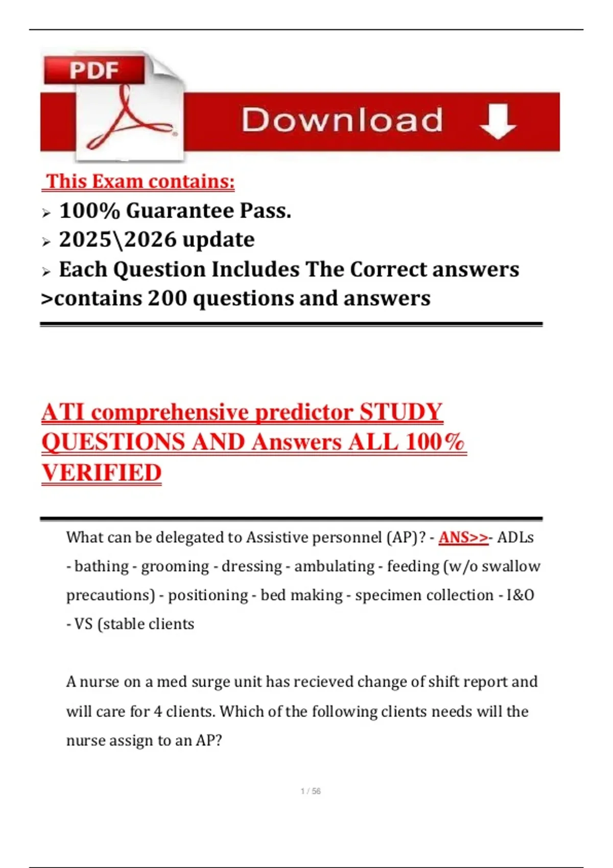 ATI comprehensive predictor STUDY QUESTIONS AND Answers ALL 100% ...