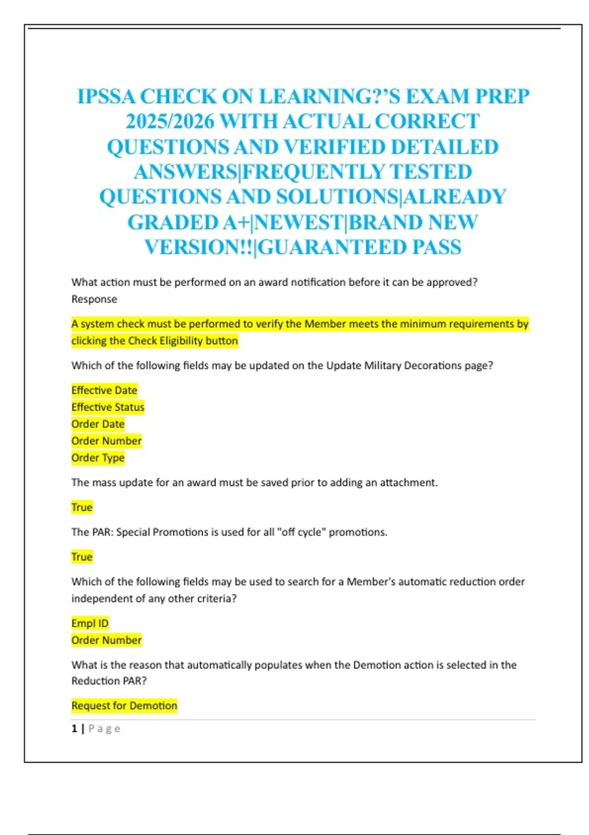 IPSSA CHECK ON LEARNING?’S EXAM PREP 2025/2026 WITH ACTUAL CORRECT ...