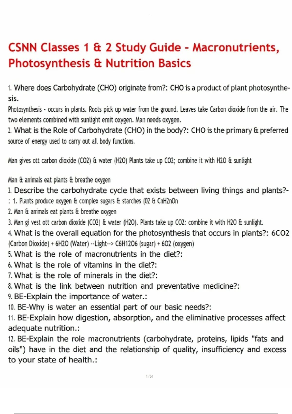CSNN Classes 1 & 2 Study Guide – Macronutrients, Photosynthesis ...