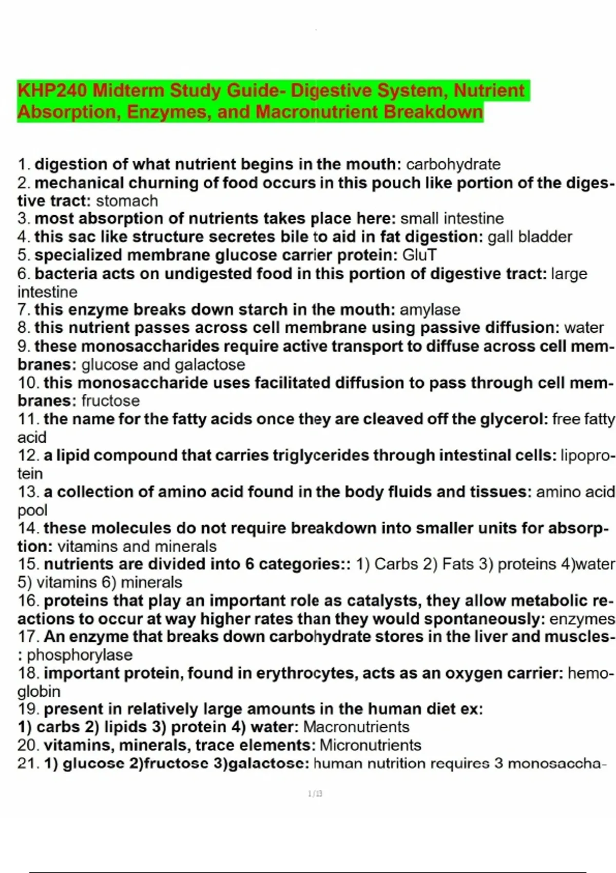 KHP240 Midterm Study Guide- Digestive System, Nutrient Absorption ...