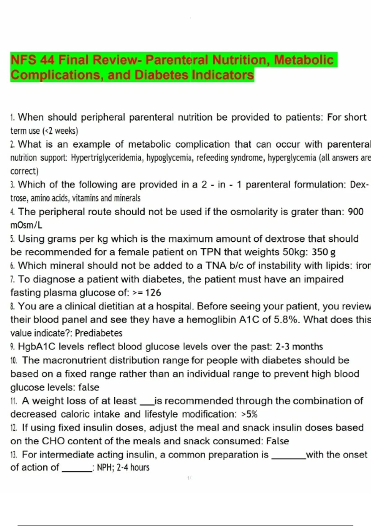 NFS 44 Final Review- Parenteral Nutrition, Metabolic Complications, and ...