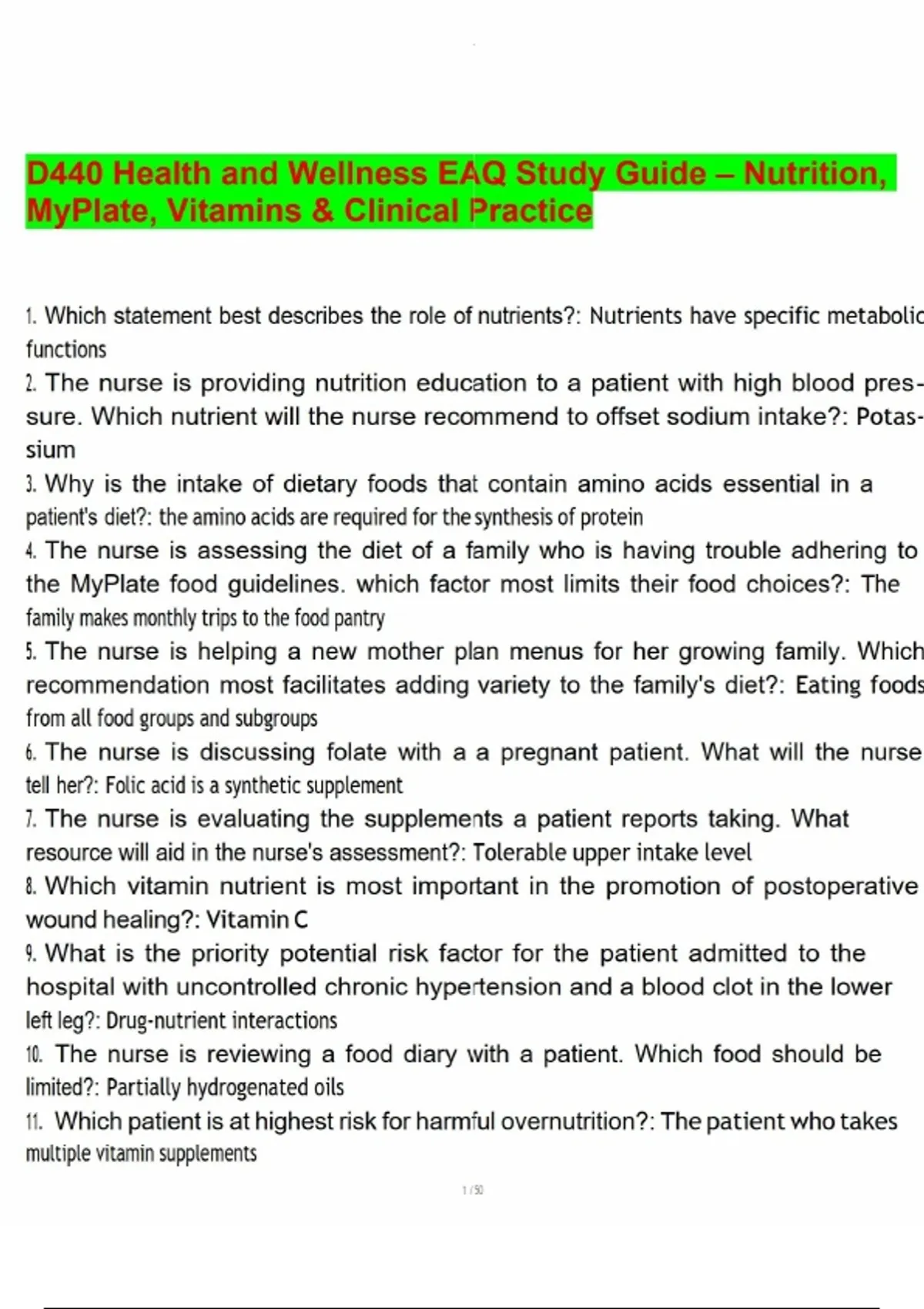 D440 Health and Wellness EAQ Study Guide – Nutrition, MyPlate, Vitamins & Clinical Practice.pdf ...