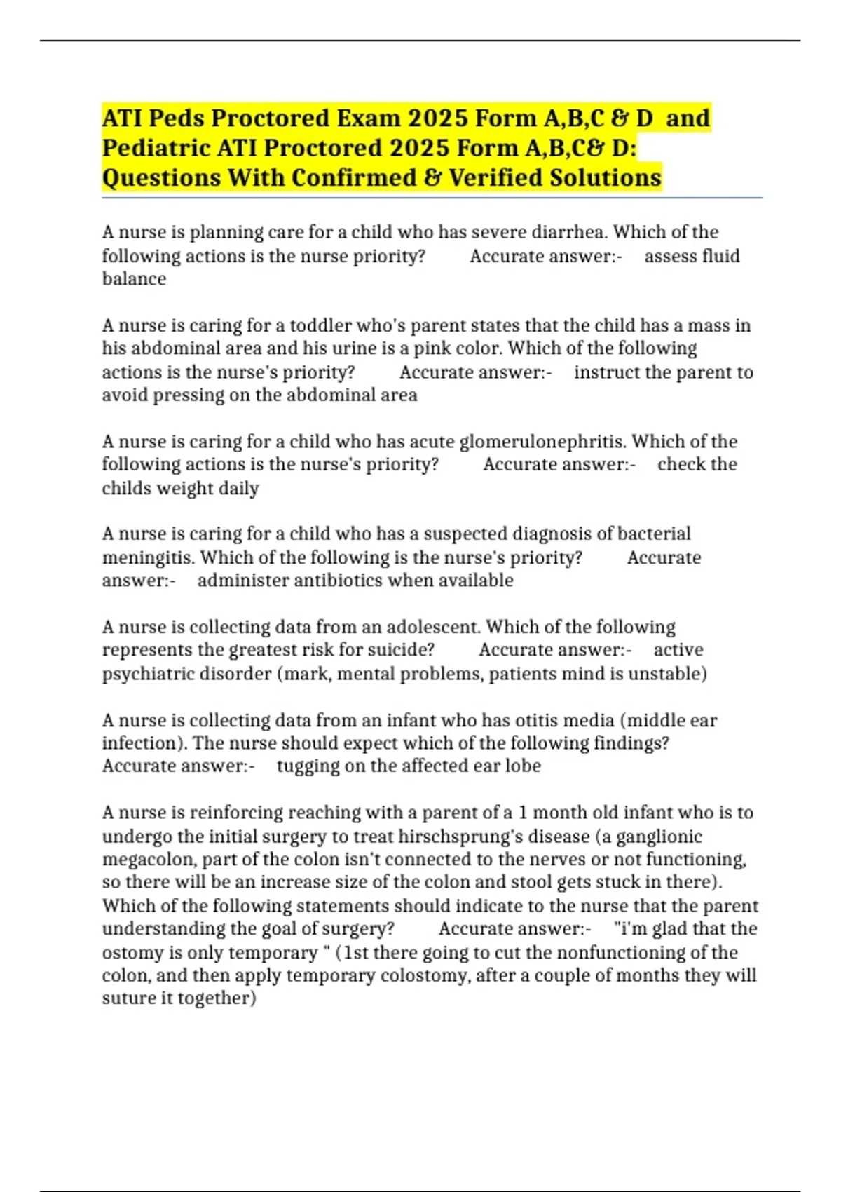 ATI Peds Proctored Exam 2025 Form A,B,C & D and Pediatric ATI Proctored ...