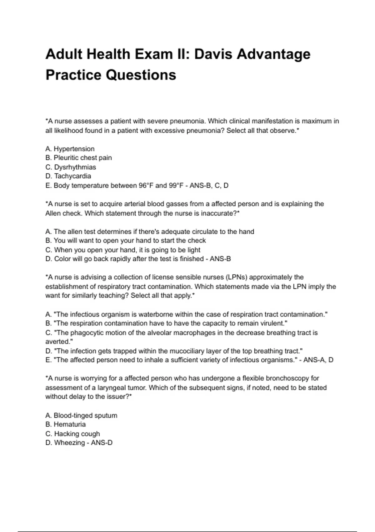 Adult Health Exam II: Davis Advantage Practice Questions NEWEST 2025/ ...
