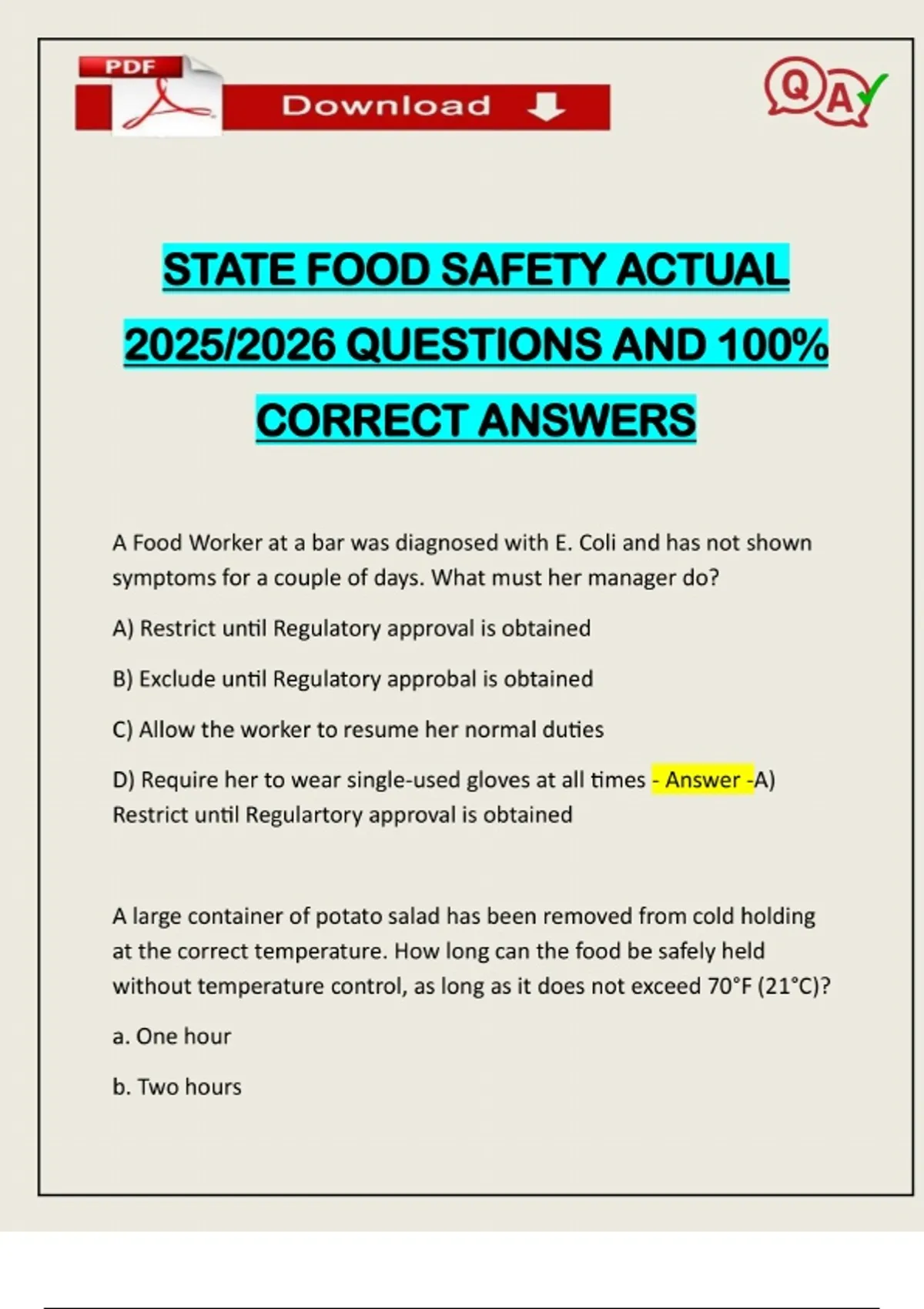 STATE FOOD SAFETY ACTUAL 2025/2026 QUESTIONS AND 100% CORRECT ANSWERS ...