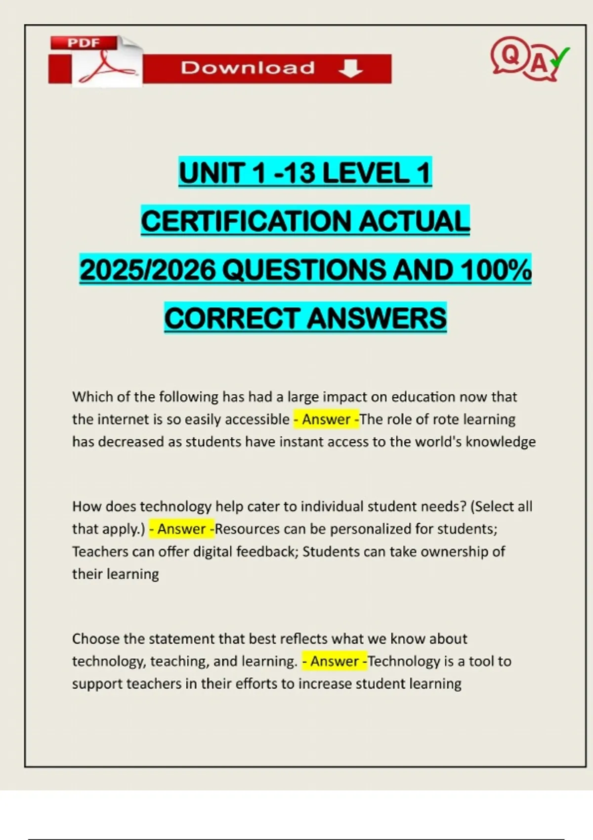 UNIT 1 -13 LEVEL 1 CERTIFICATION ACTUAL 2025/2026 QUESTIONS AND 100% ...