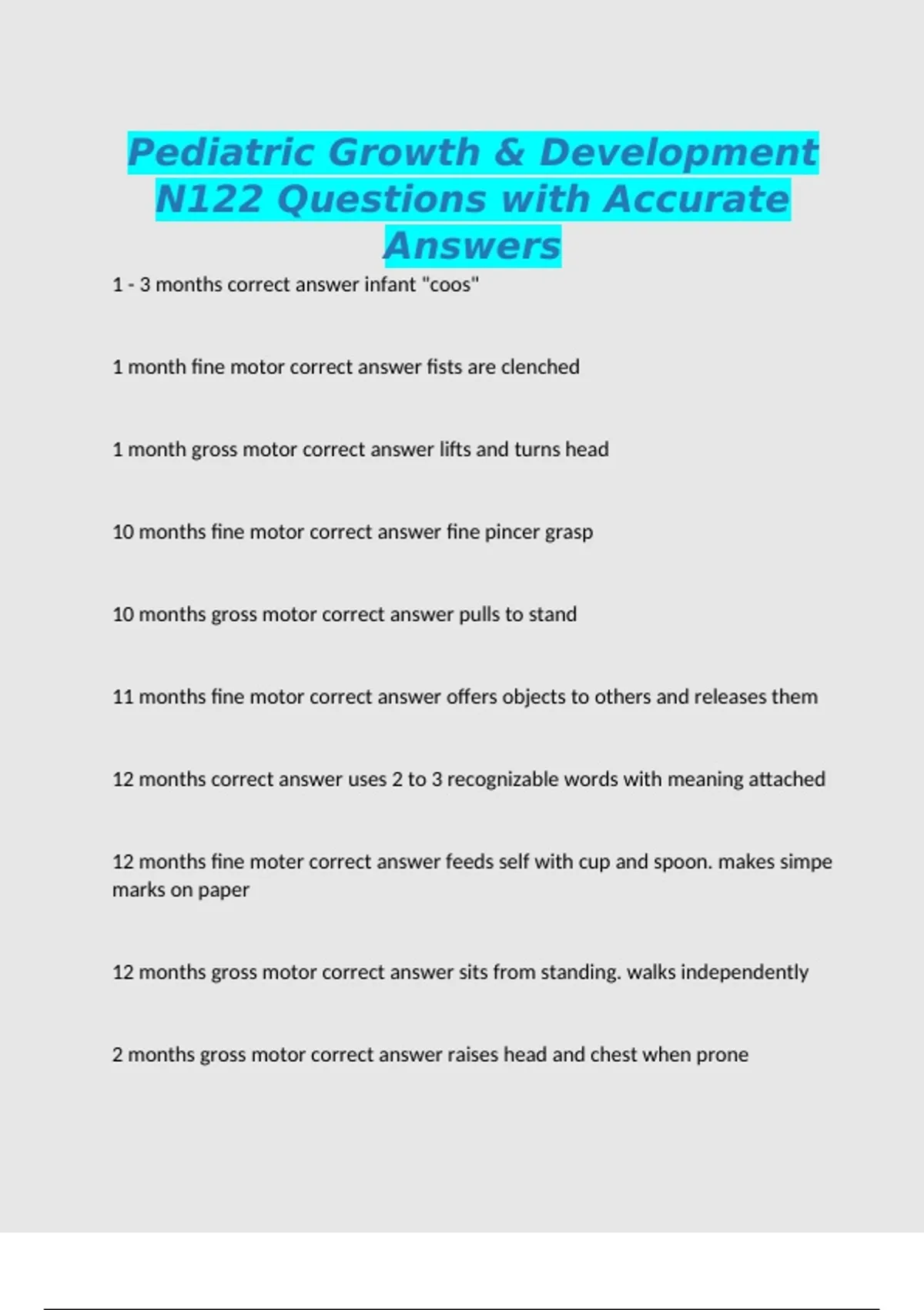 Pediatric Growth & Development N122 Questions with Accurate Answers ...