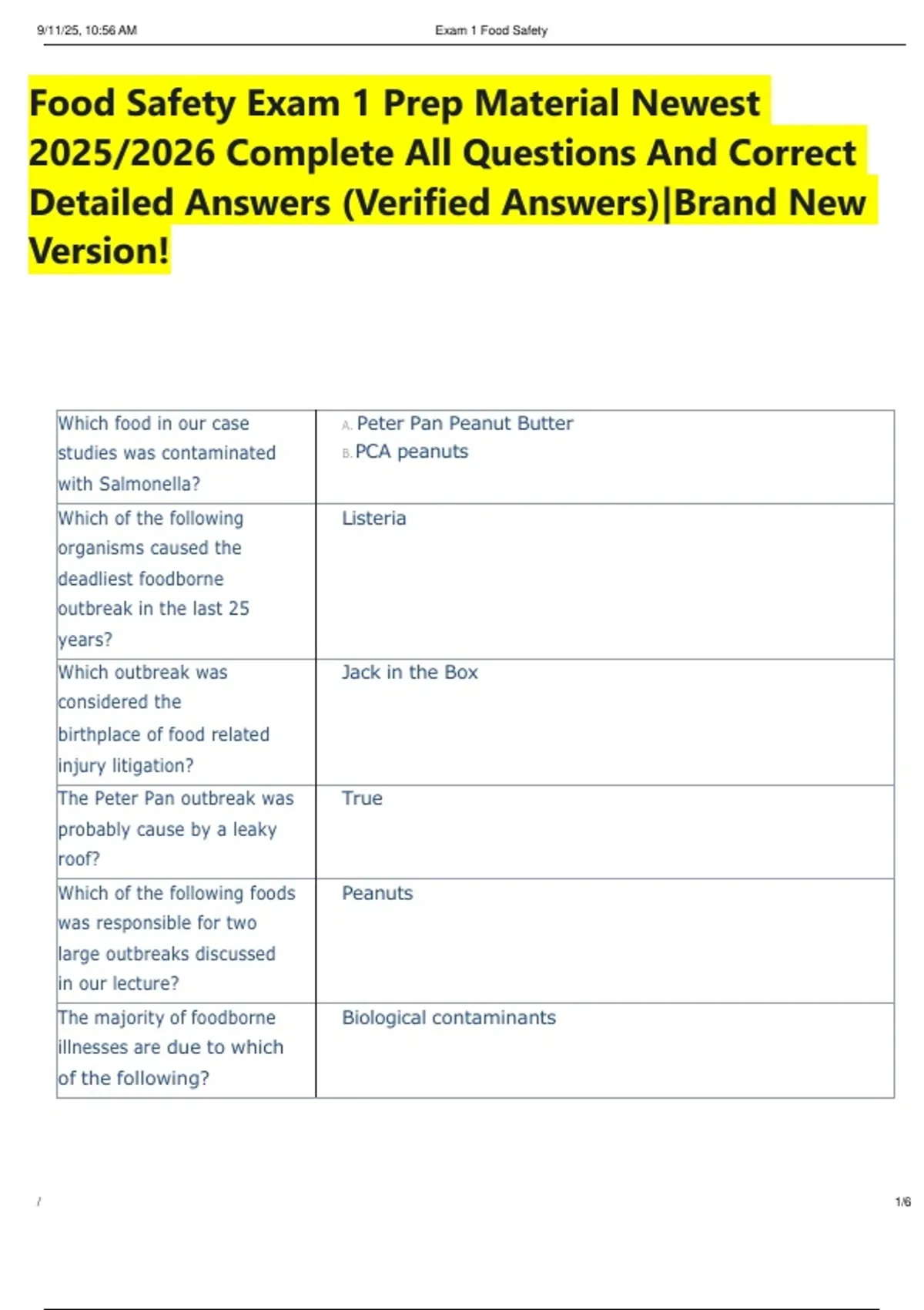 Food Safety Exam 1 Prep Material Newest 2025/2026 Complete All ...