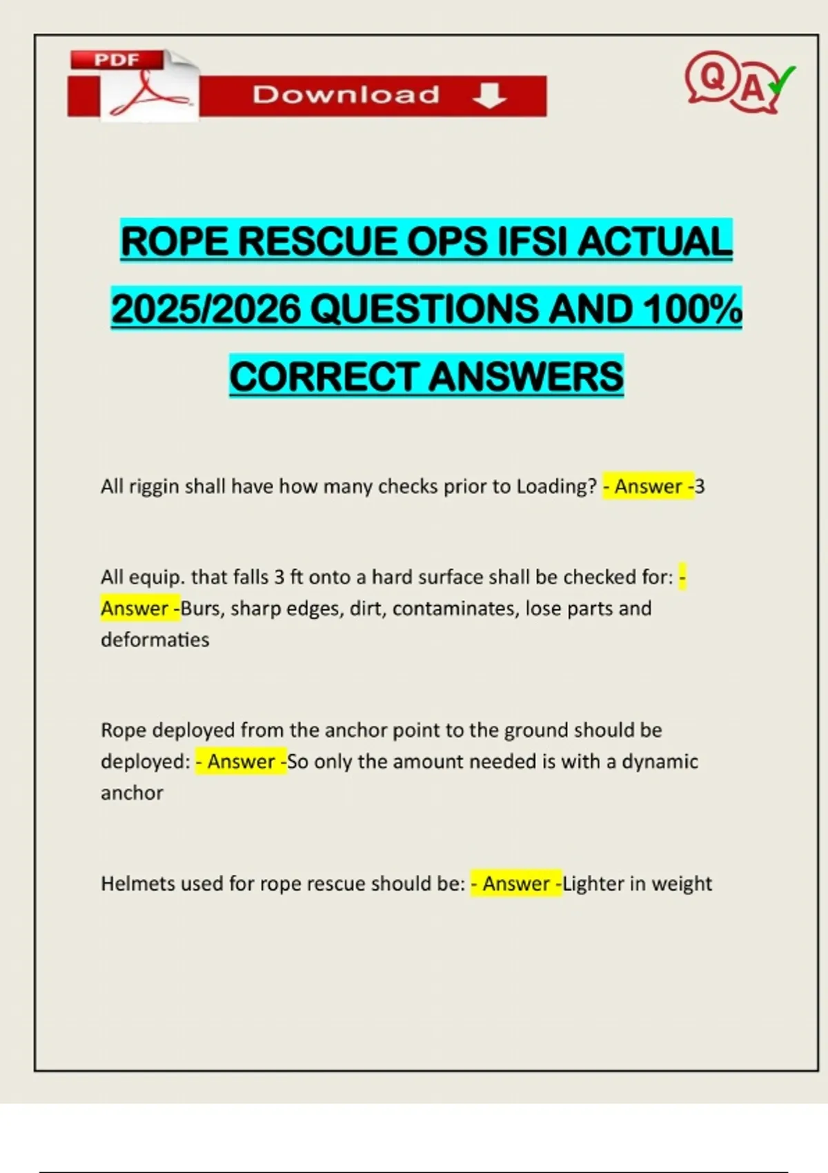 ROPE RESCUE OPS IFSI ACTUAL 2025/2026 QUESTIONS AND 100% CORRECT ...