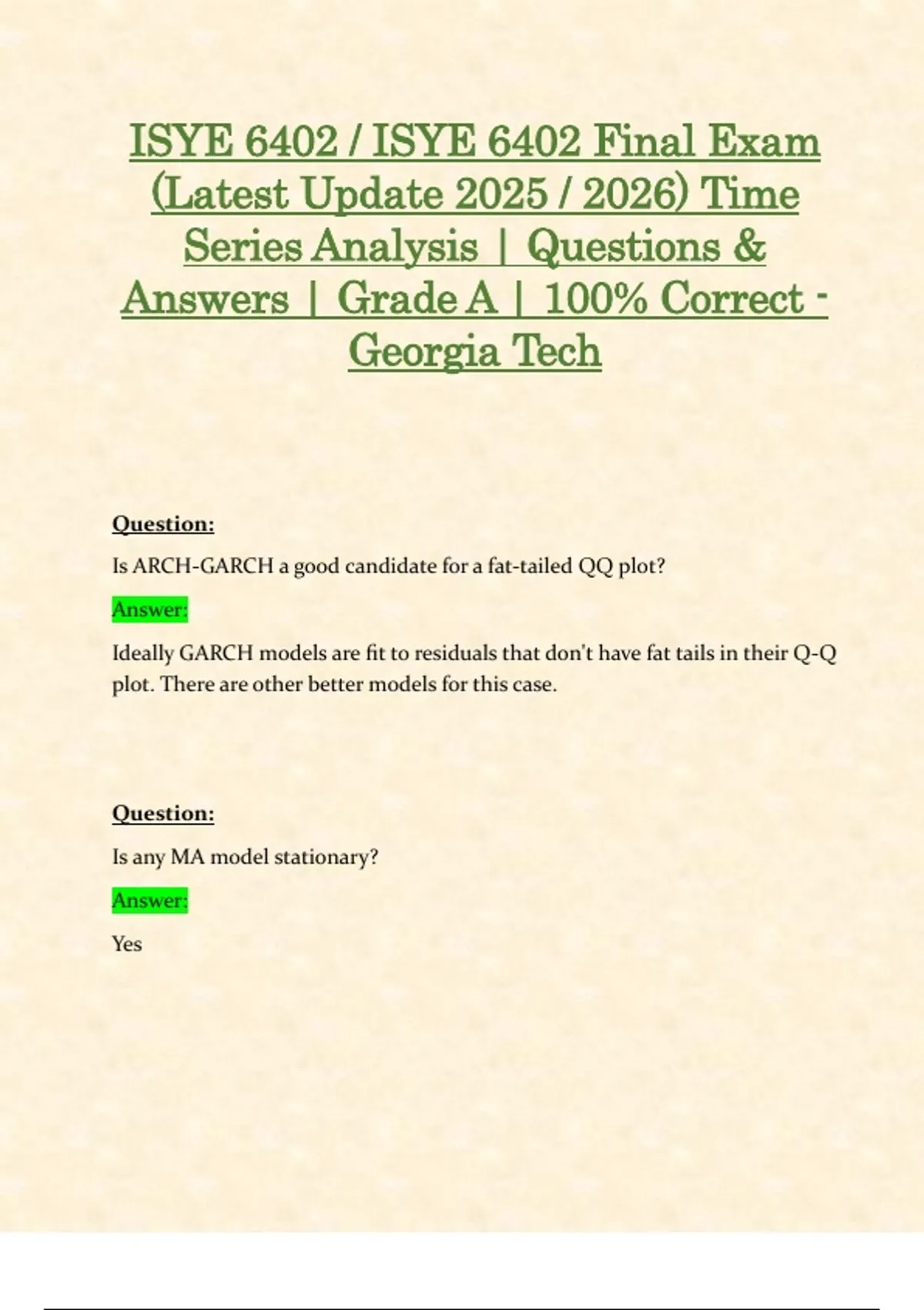 ISYE 6402 / ISYE 6402 Final Exam (Latest Update 2025 / 2026) Time ...