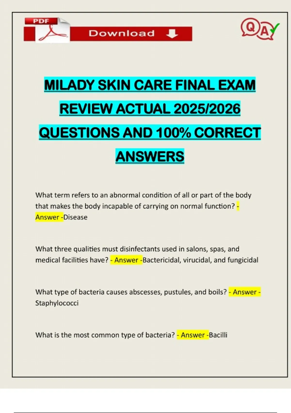 MILADY SKIN CARE FINAL EXAM REVIEW ACTUAL 2025/2026 QUESTIONS AND 100% ...