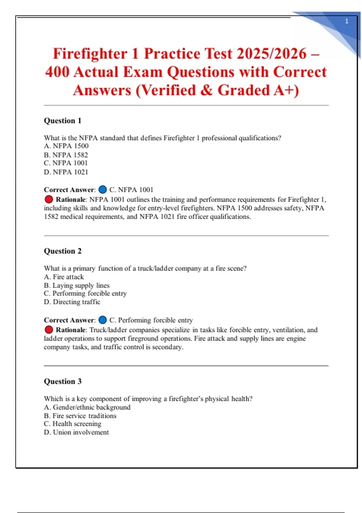 Firefighter 1 Practice Test 2025/2026 – 400 Actual Exam Questions with ...