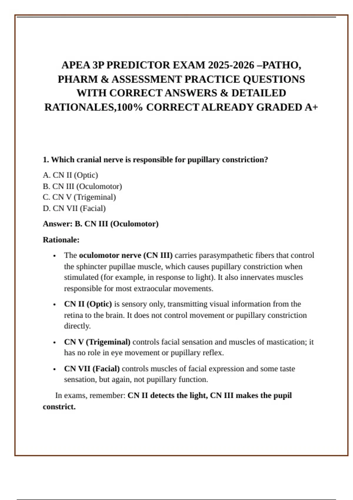 APEA 3P PREDICTOR EXAM –PATHO, PHARM & ASSESSMENT PRACTICE QUESTIONS WITH CORRECT ANSWERS ...