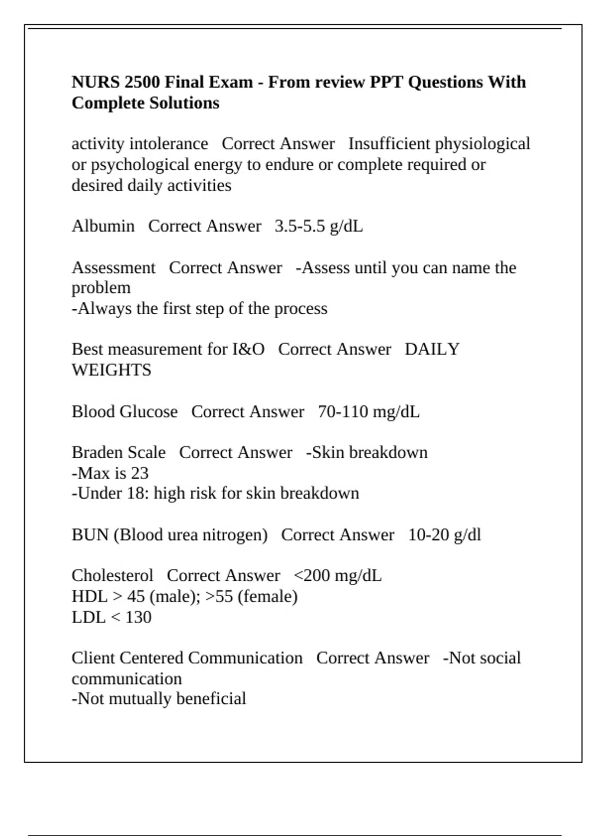 NURS 2500 Final Exam - From review PPT Questions With Complete ...