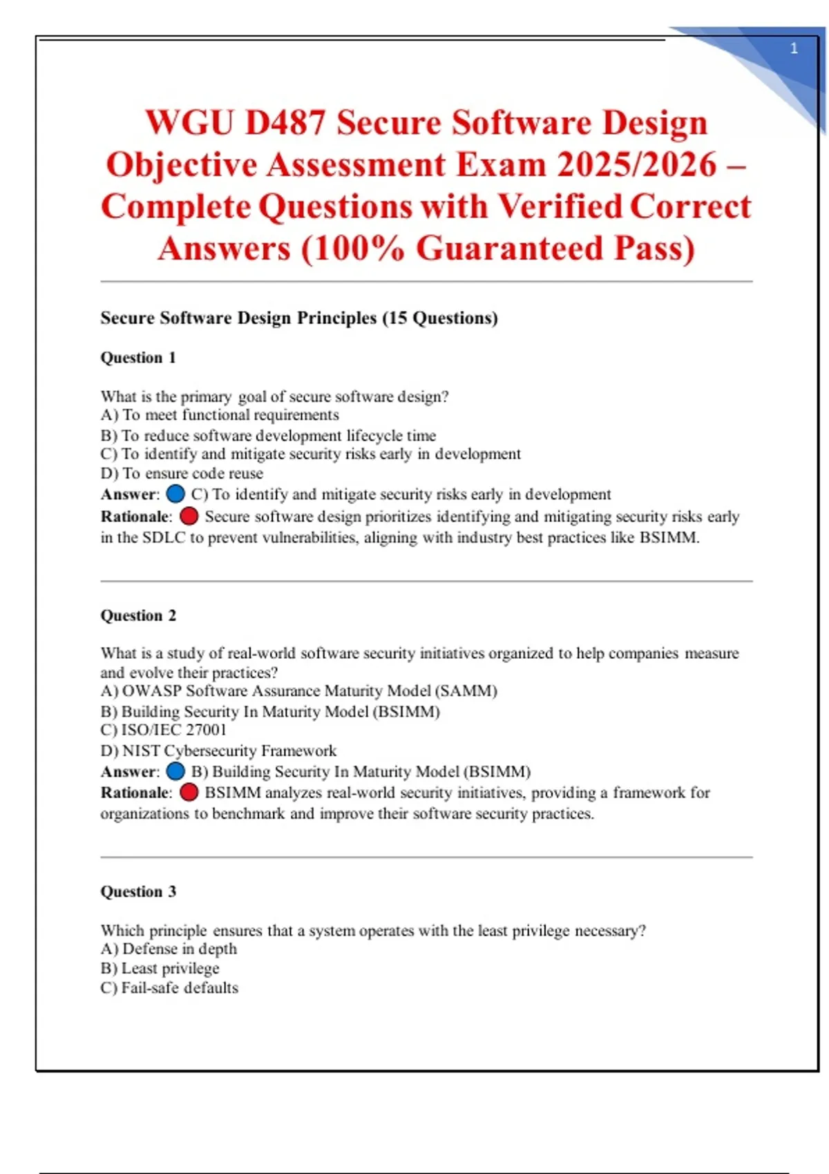 WGU D487 Secure Software Design Objective Assessment Exam 2025/2026 – Complete Questions with ...