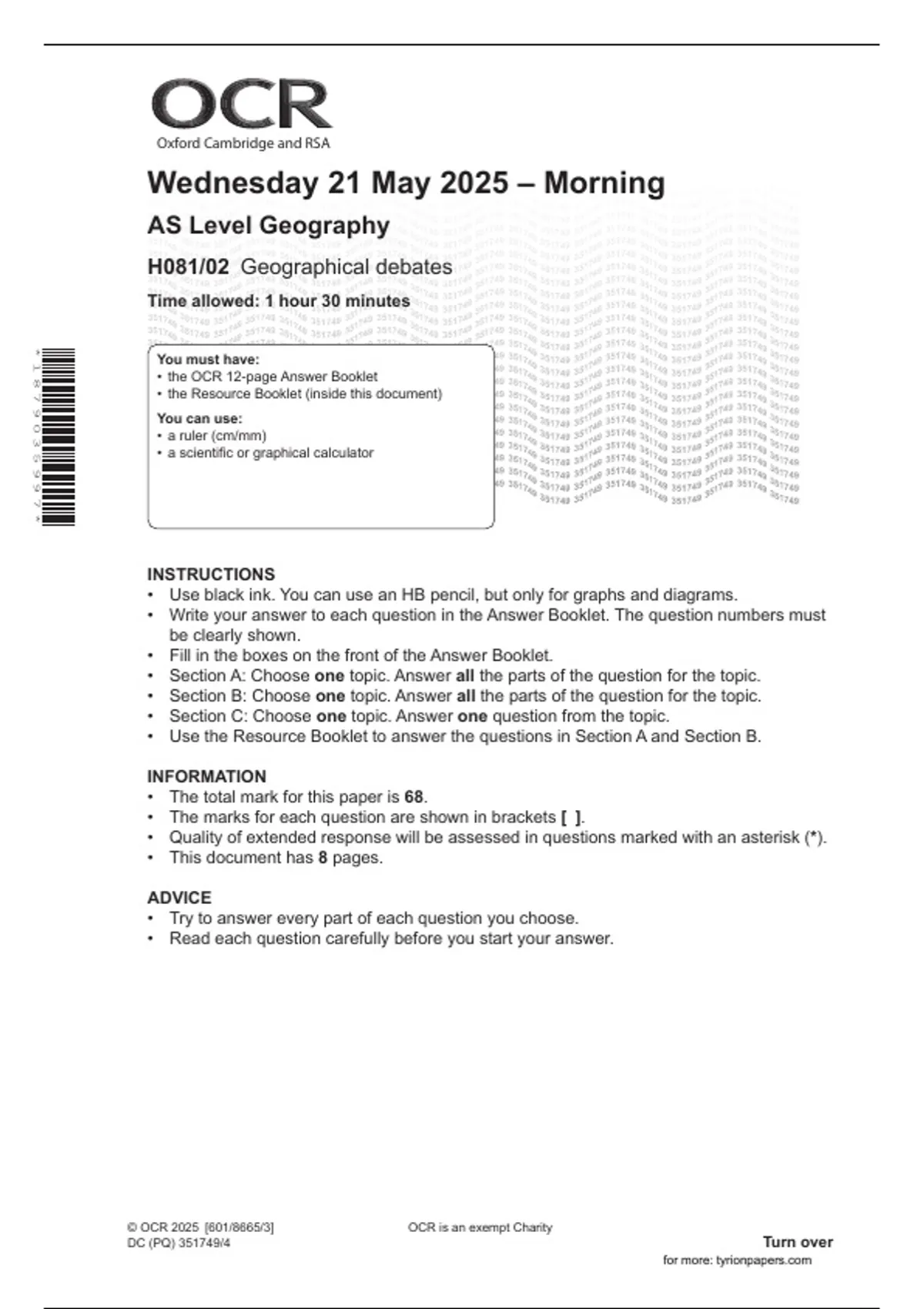 OCR AS LEVEL 2025 GEOGRAPHY Paper 2 QP - 2025 - Stuvia US