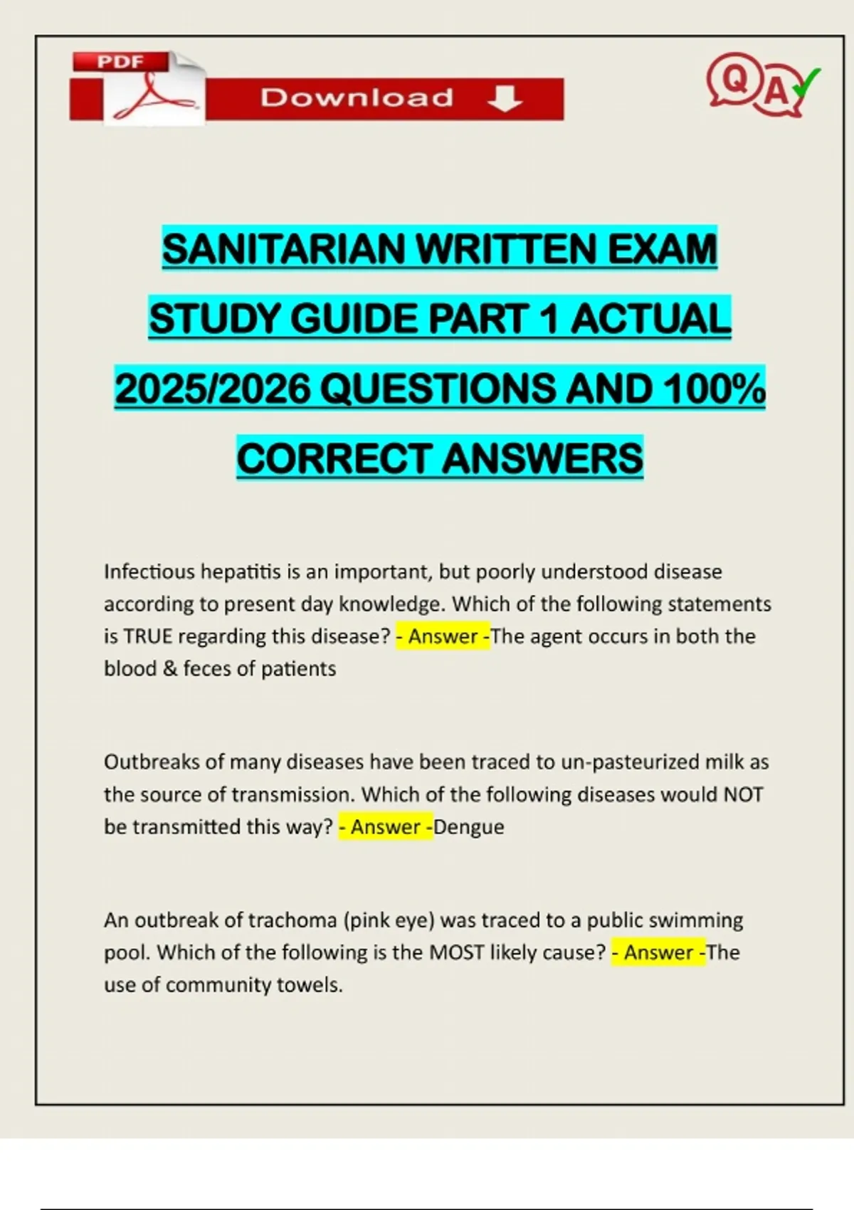SANITARIAN WRITTEN EXAM STUDY GUIDE PART 1 ACTUAL 2025/2026 QUESTIONS ...