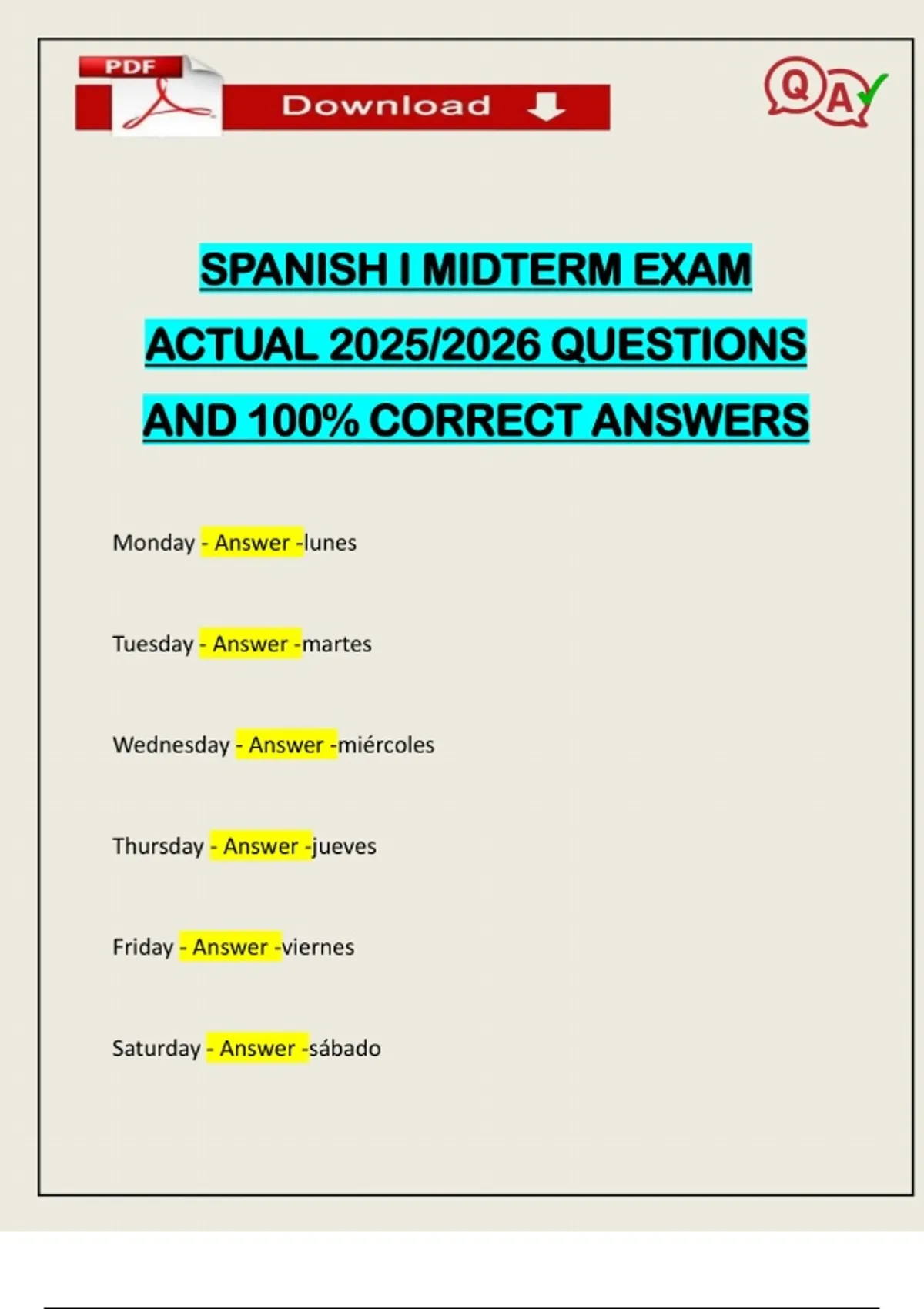 SPANISH I MIDTERM EXAM ACTUAL 2025/2026 QUESTIONS AND 100% CORRECT ...