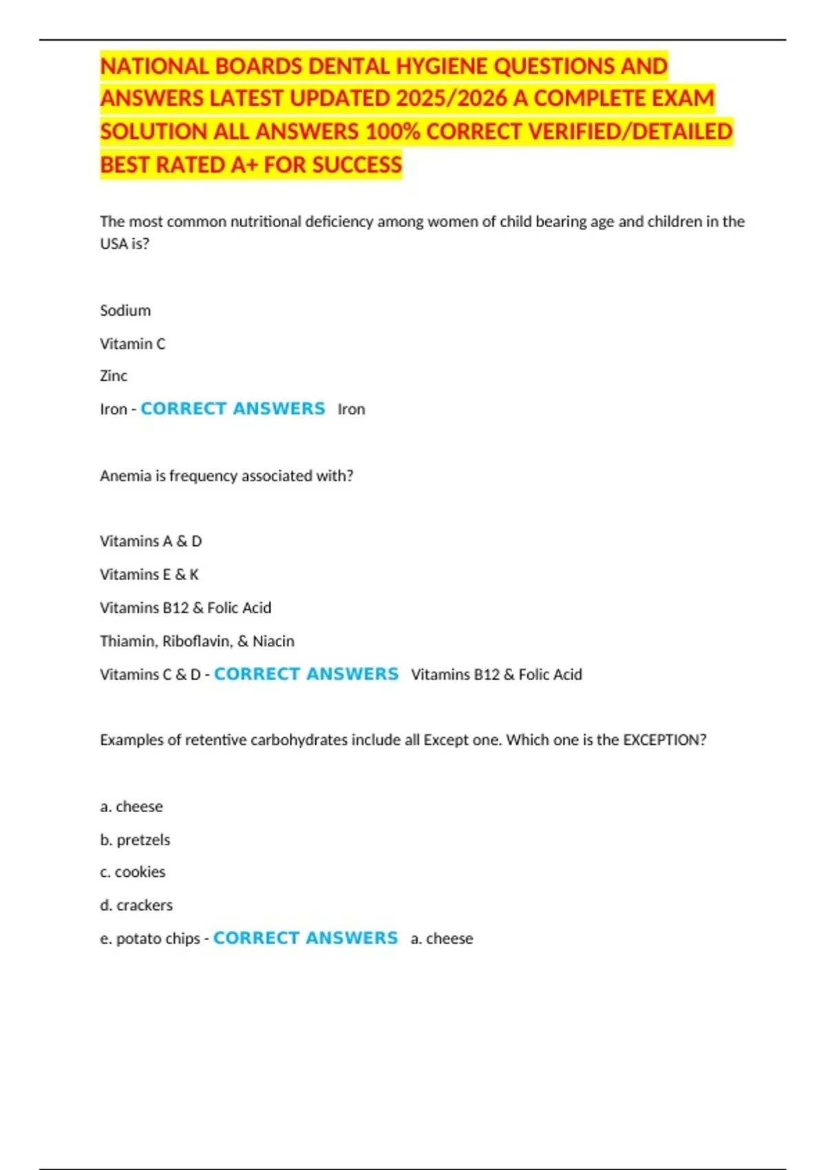 NATIONAL BOARDS DENTAL HYGIENE QUESTIONS AND ANSWERS LATEST UPDATED ...