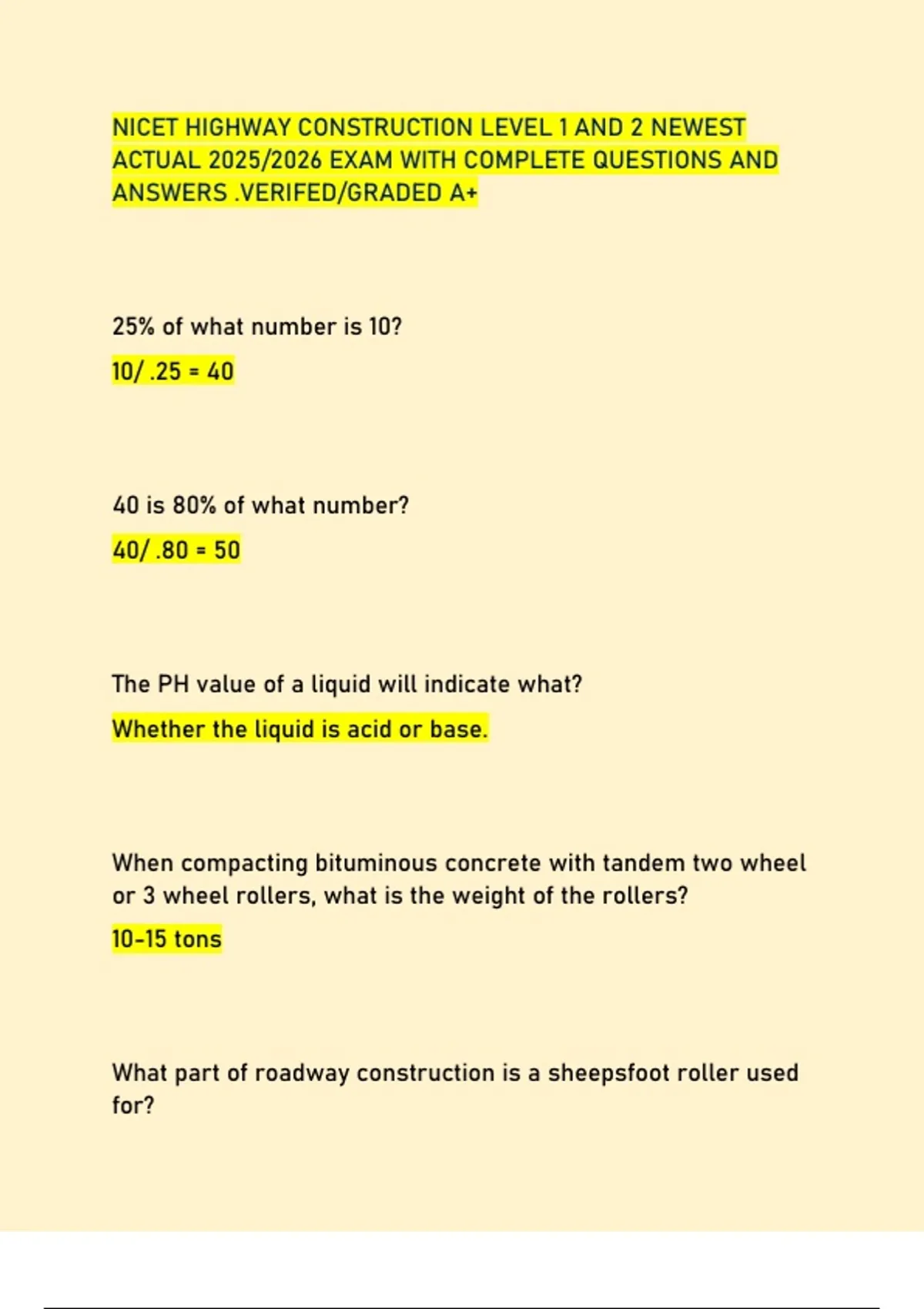 NICET HIGHWAY CONSTRUCTION LEVEL 1 AND 2 NEWEST ACTUAL 2025/2026 EXAM ...