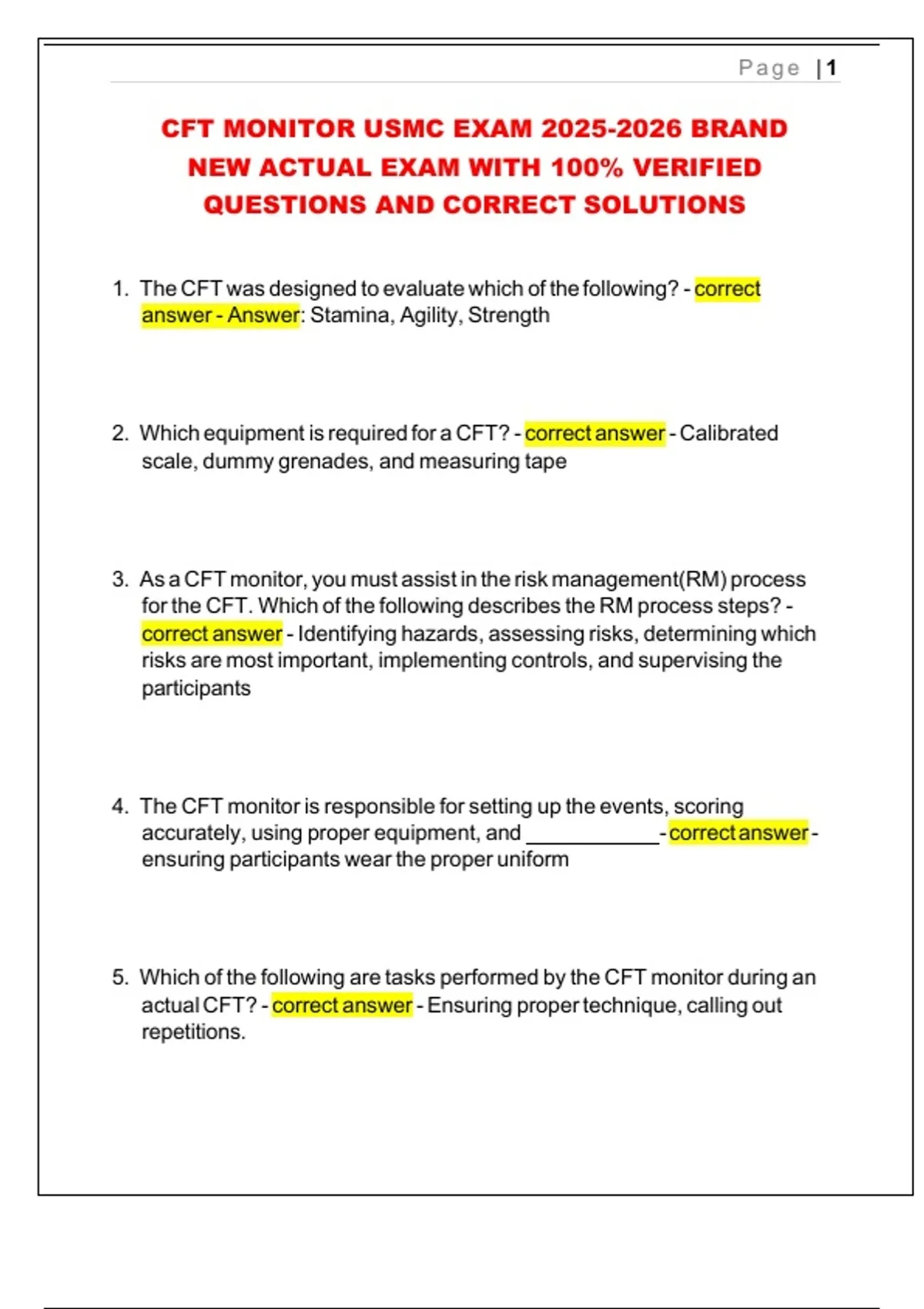 CFT MONITOR USMC EXAM BRAND NEW ACTUAL EXAM WITH 100- VERIFIED ...