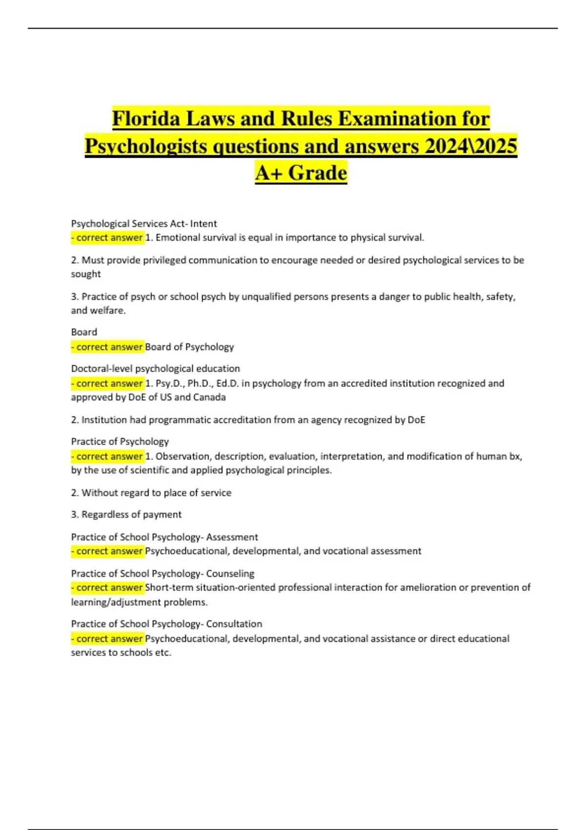 Florida Laws and Rules Examination for Psychologists Update – Actual ...