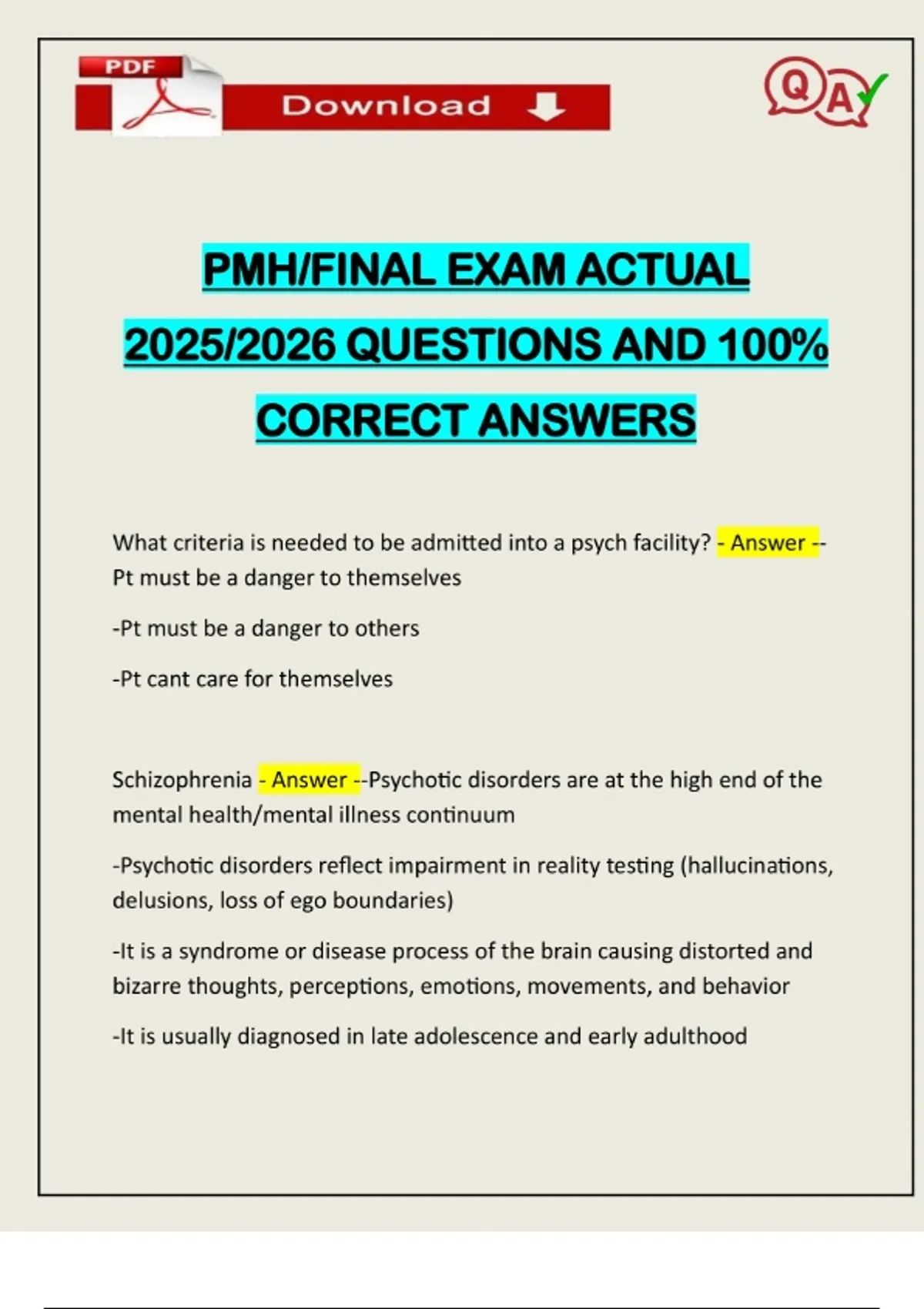 PMH/FINAL EXAM ACTUAL 2025/2026 QUESTIONS AND 100% CORRECT ANSWERS ...