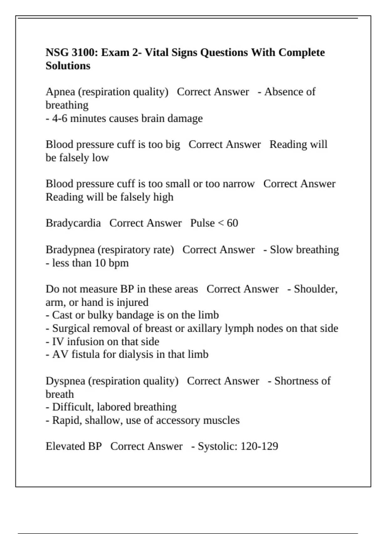 NSG 3100: Exam 2- Vital Signs Questions With Complete Solutions - NSG ...