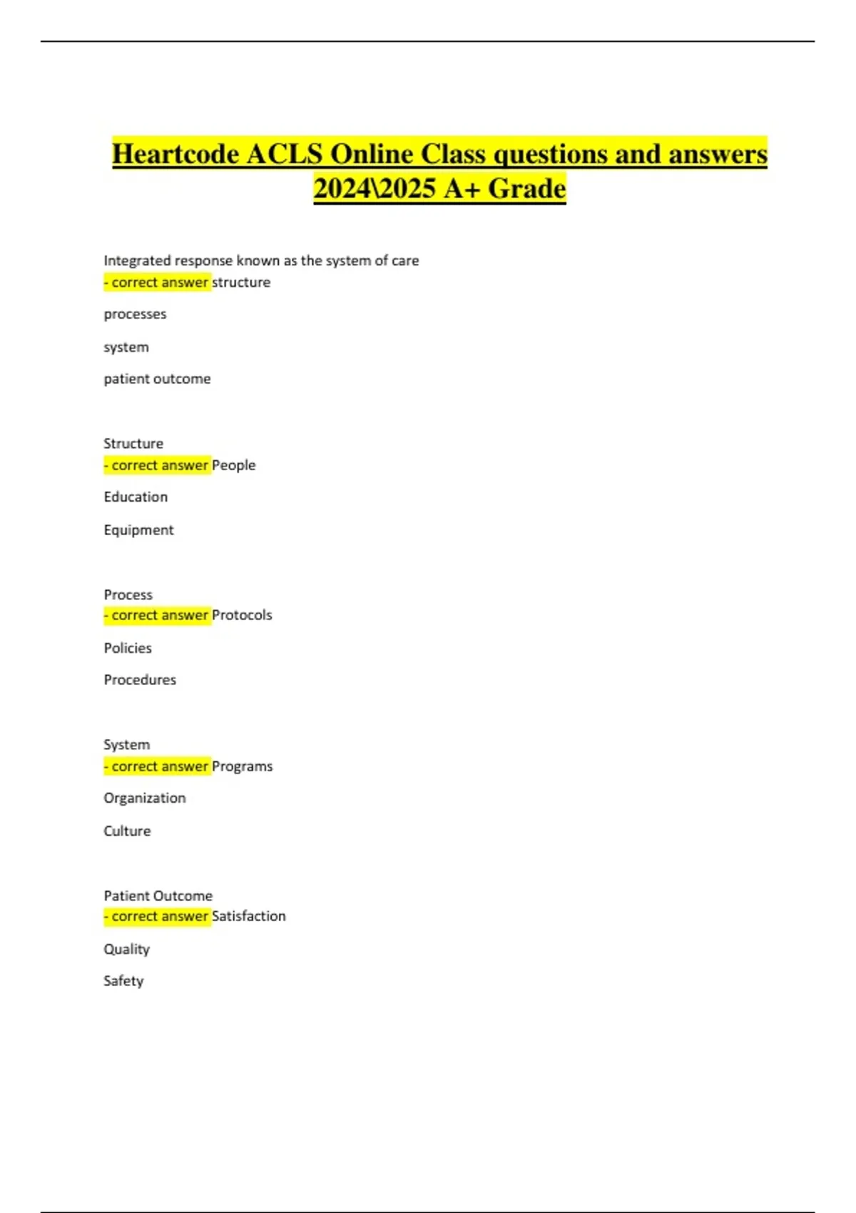 HeartCode ACLS Online Class 2024/2025 – Questions and Answers | A+ ...