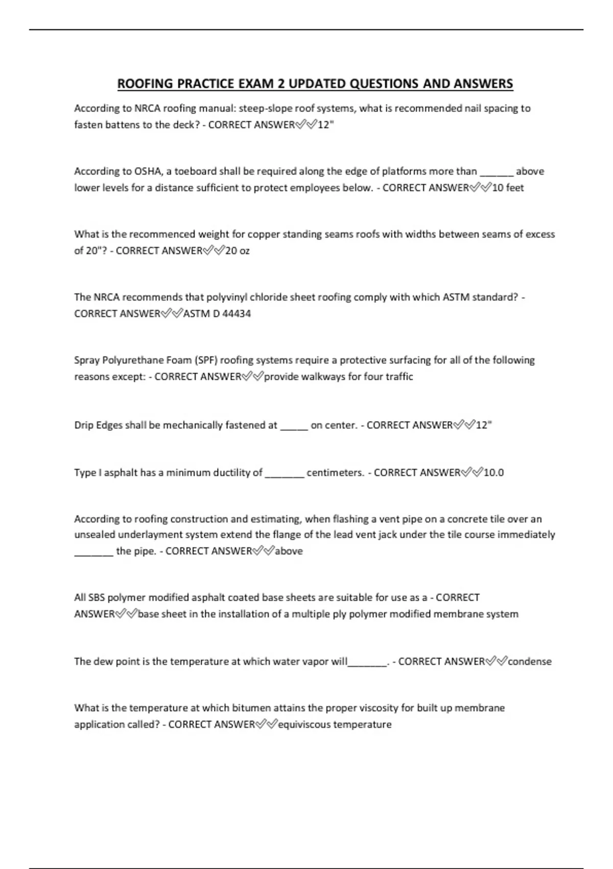 ROOFING PRACTICE EXAM 2 UPDATED QUESTIONS AND ANSWERS - ROOFING - Stuvia US