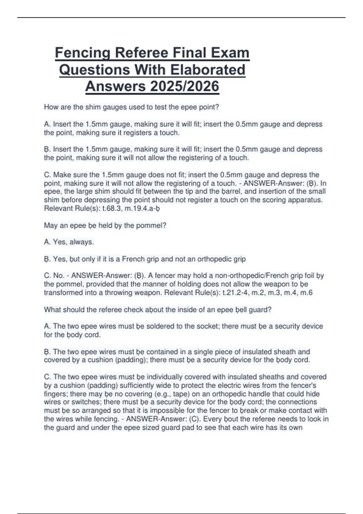 Fencing Referee Final Exam Questions With Elaborated Answers 2025/2026 ...