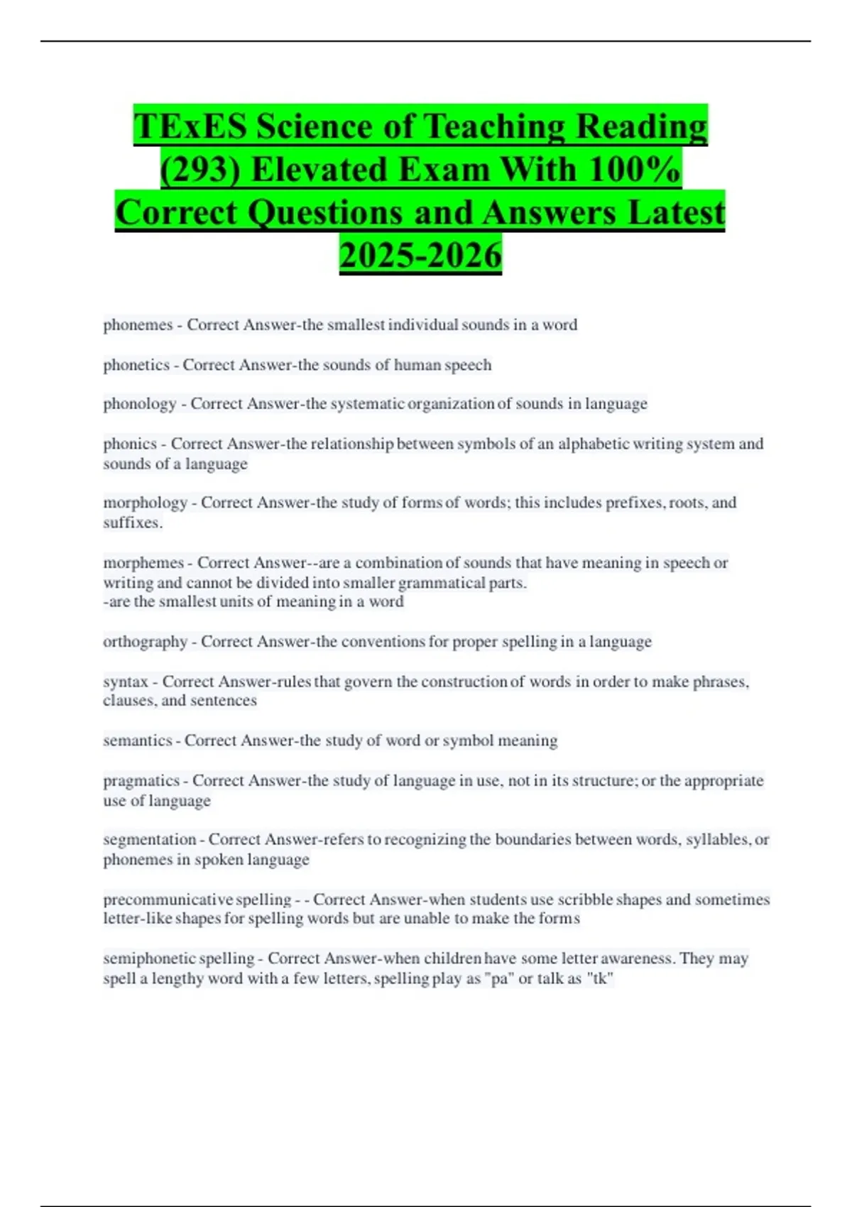 TExES Science of Teaching Reading (293) – Elevated Exam with 100% ...
