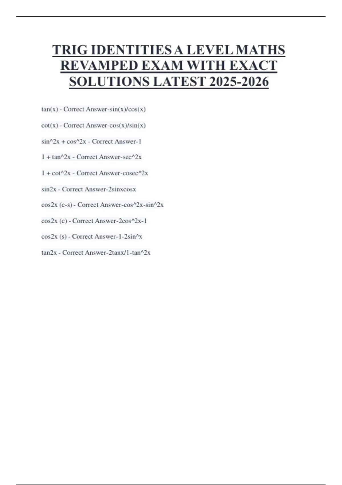 Trig Identities – A Level Maths Revamped Exam with Exact Solutions ...