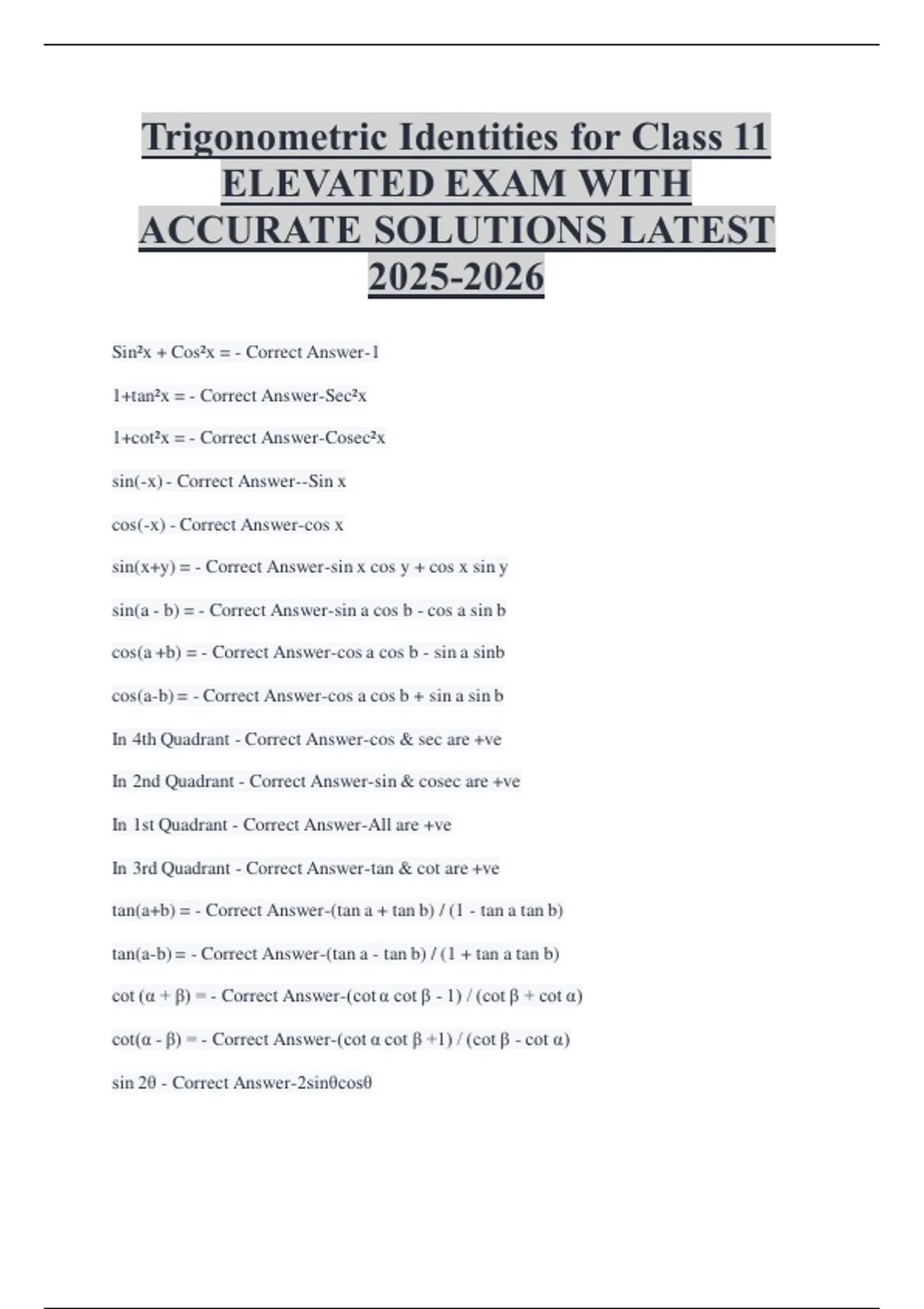 Trigonometric Identities for Class 11 – Elevated Exam with Accurate ...