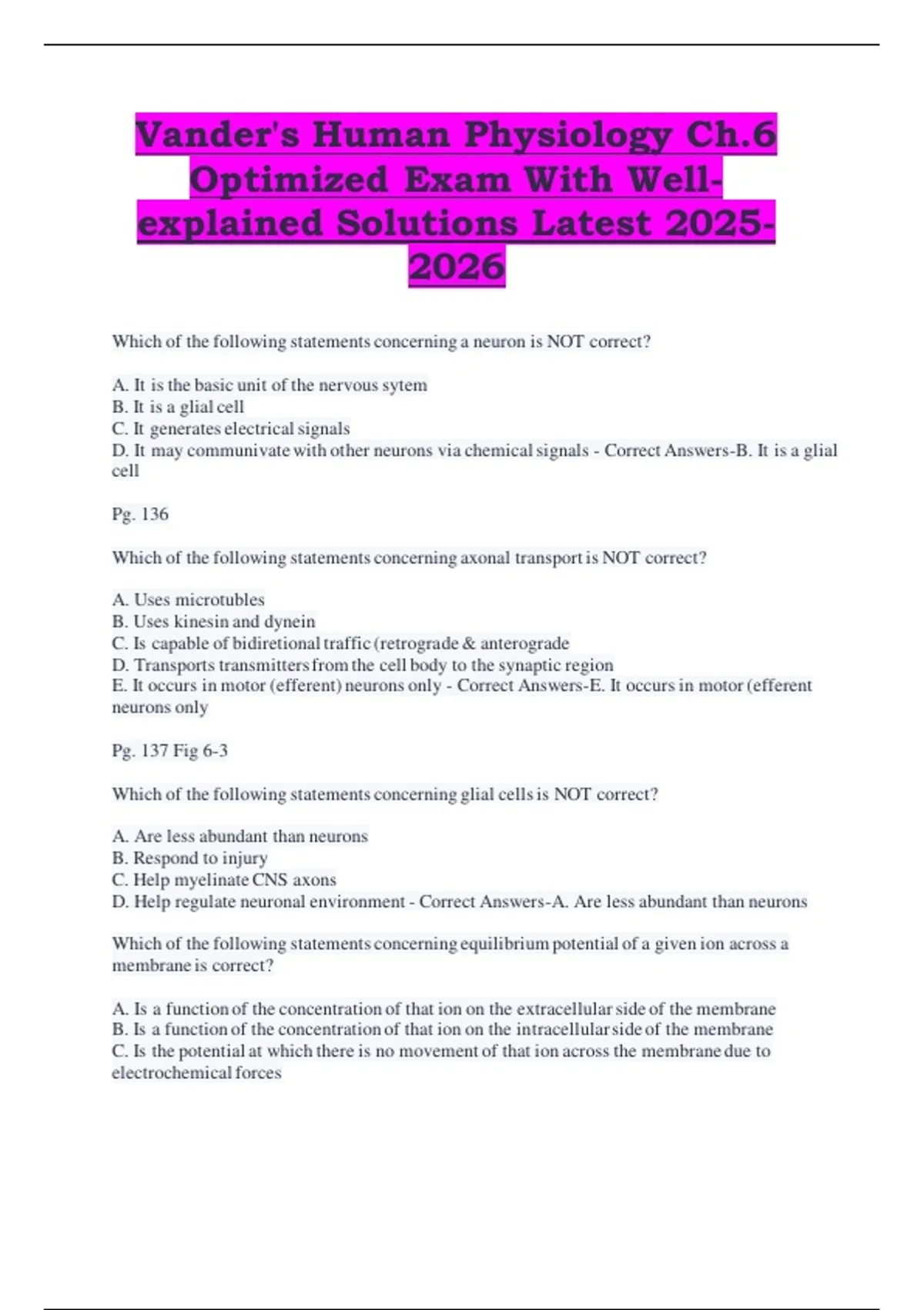 Vander's Human Physiology – Chapter 6 Optimized Exam with Well ...