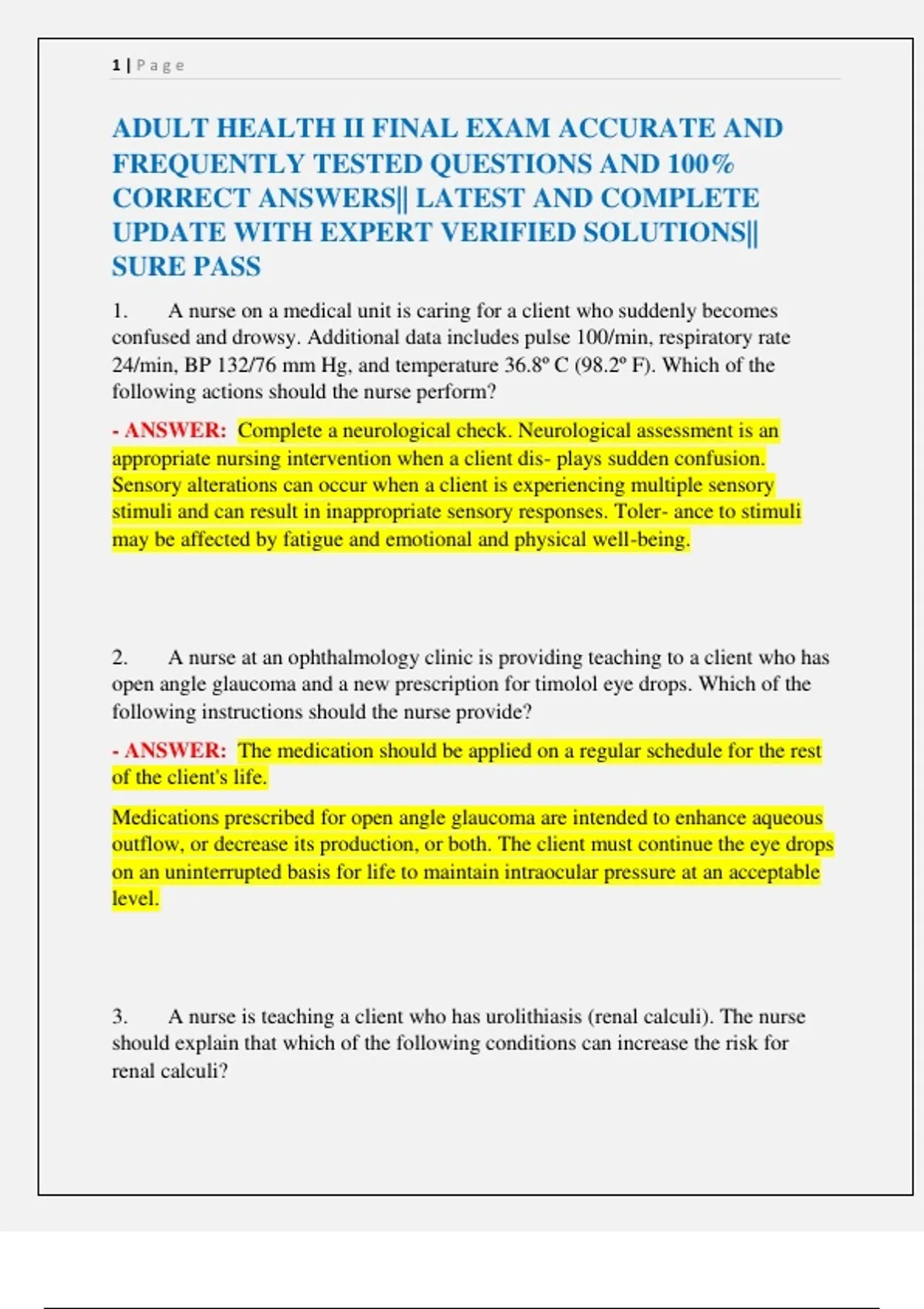 ADULT HEALTH II FINAL EXAM ACCURATE AND FREQUENTLY TESTED QUESTIONS AND ...