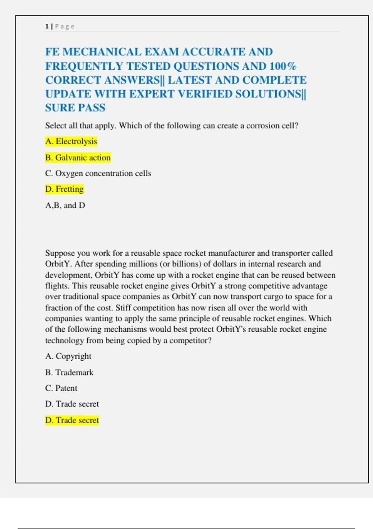 FE MECHANICAL EXAM ACCURATE AND FREQUENTLY TESTED QUESTIONS AND 100% ...
