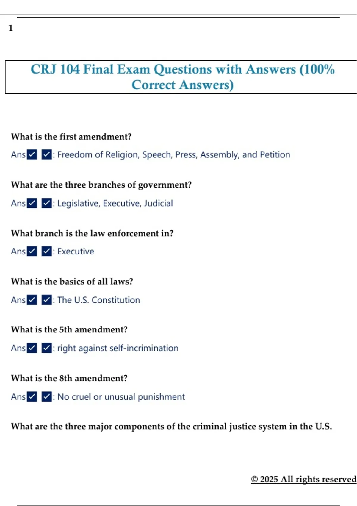 CRJ 104 Final Exam Questions with Answers (100% Correct Answers) - CRJ ...