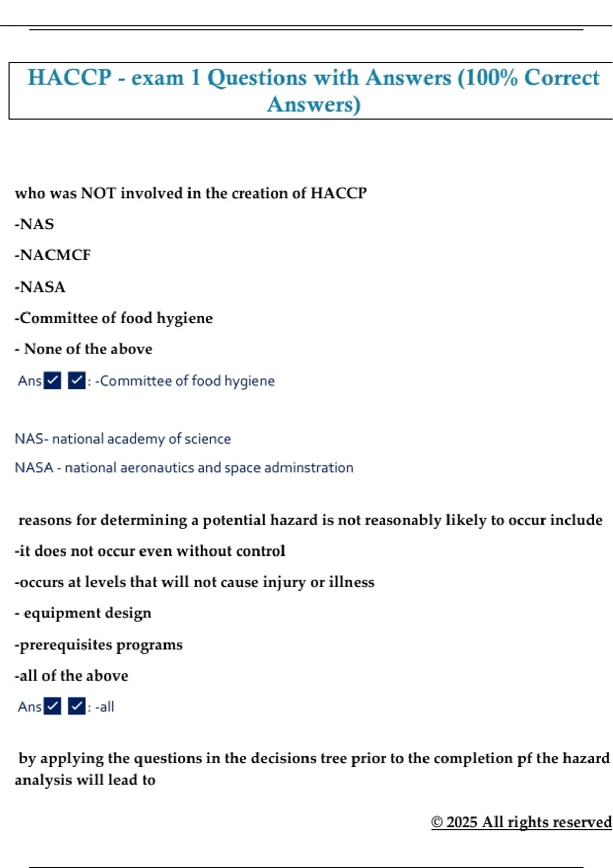 HACCP - exam 1 Questions with Answers (100% Correct Answers) - HACCP ...
