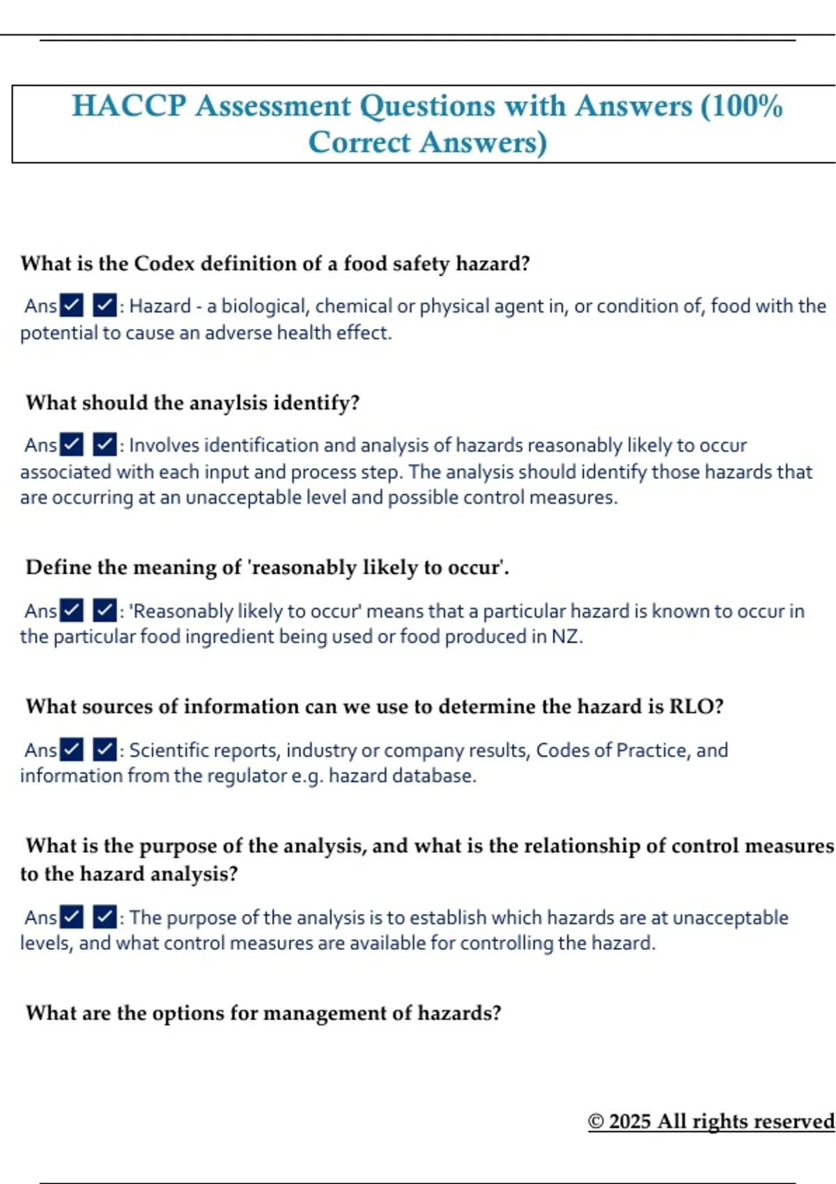 HACCP Assessment Questions with Answers (100% Correct Answers) - HACCP ...