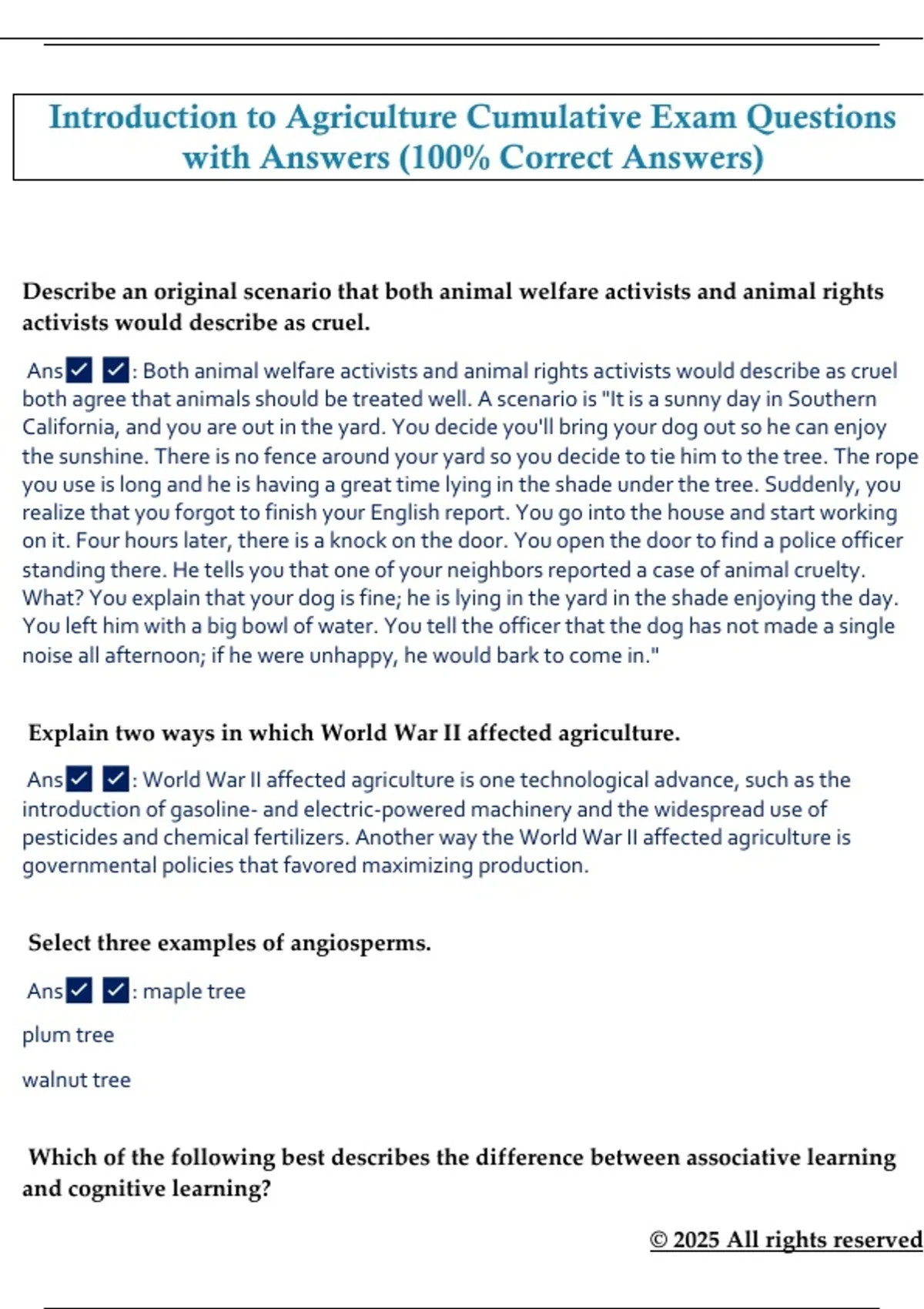 Introduction to Agriculture Cumulative Exam Questions with Answers (100 ...